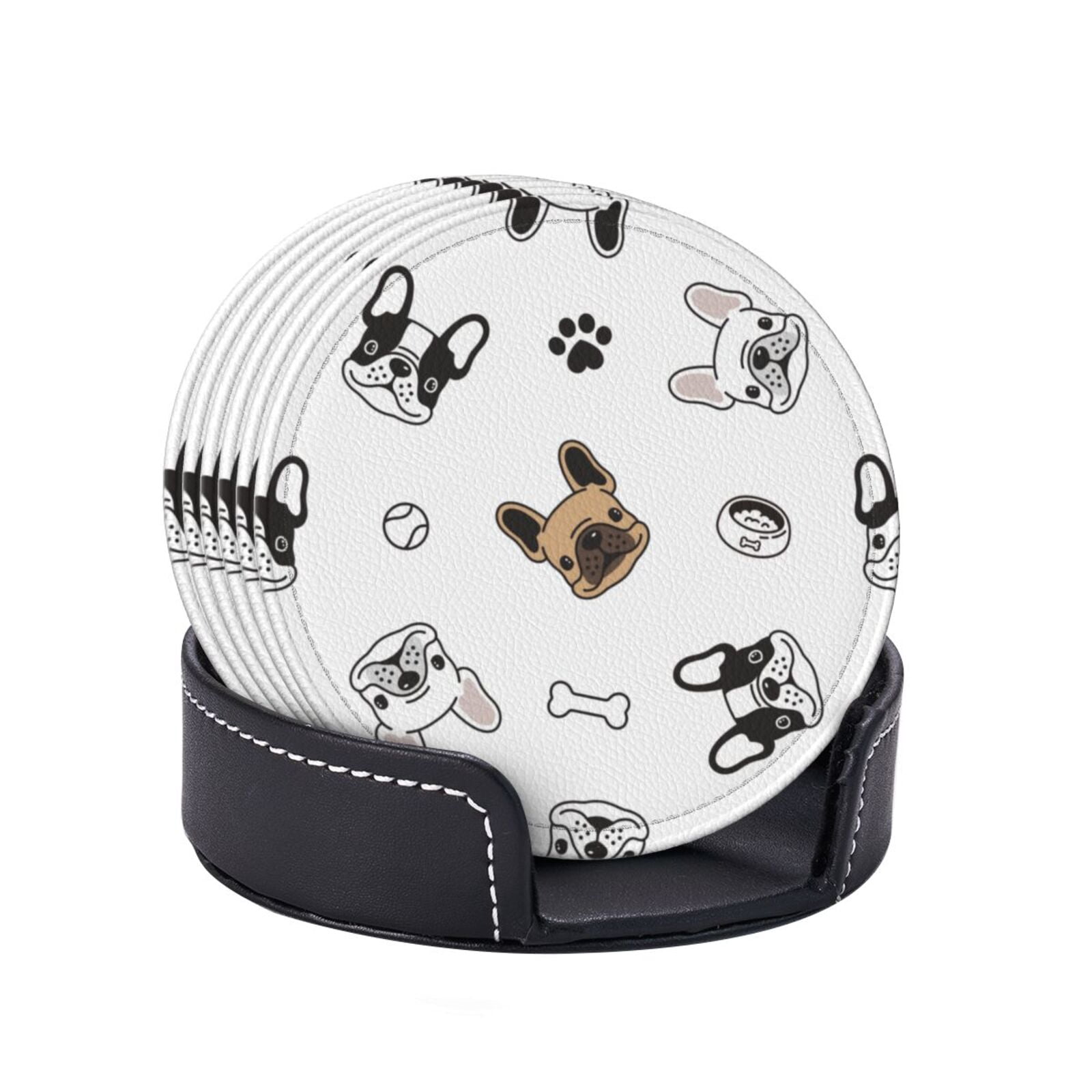 PAYOHTO French Bulldog Pattern Paw Bone Premium PU Leather Coasters Set ...