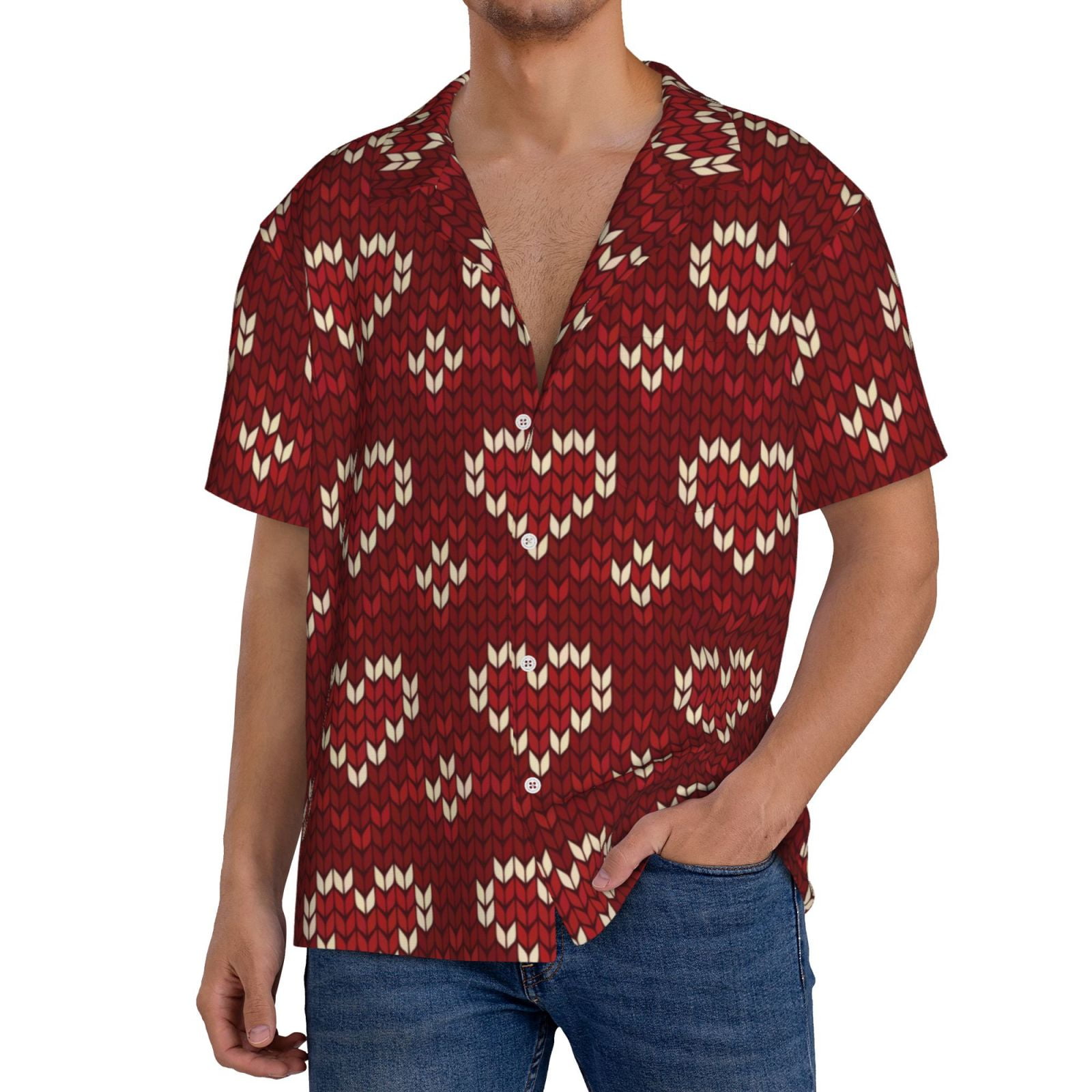 PAYOHTO Heart Knitting Pattern Mens Hawaiian Casual Short-sleeved Shirt ...