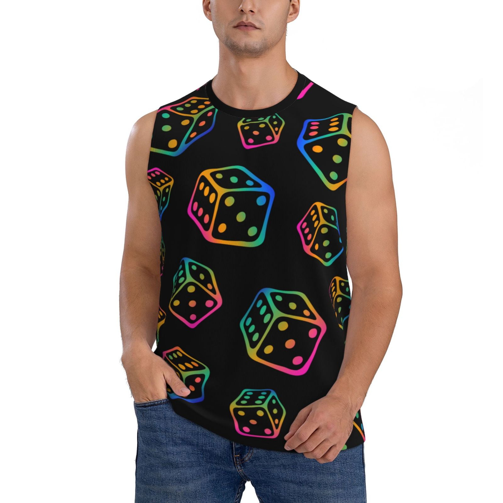 PAYOHTO Men's Sleeveless Shirts Gym Tank Top with Crazy Rainbow Dice ...