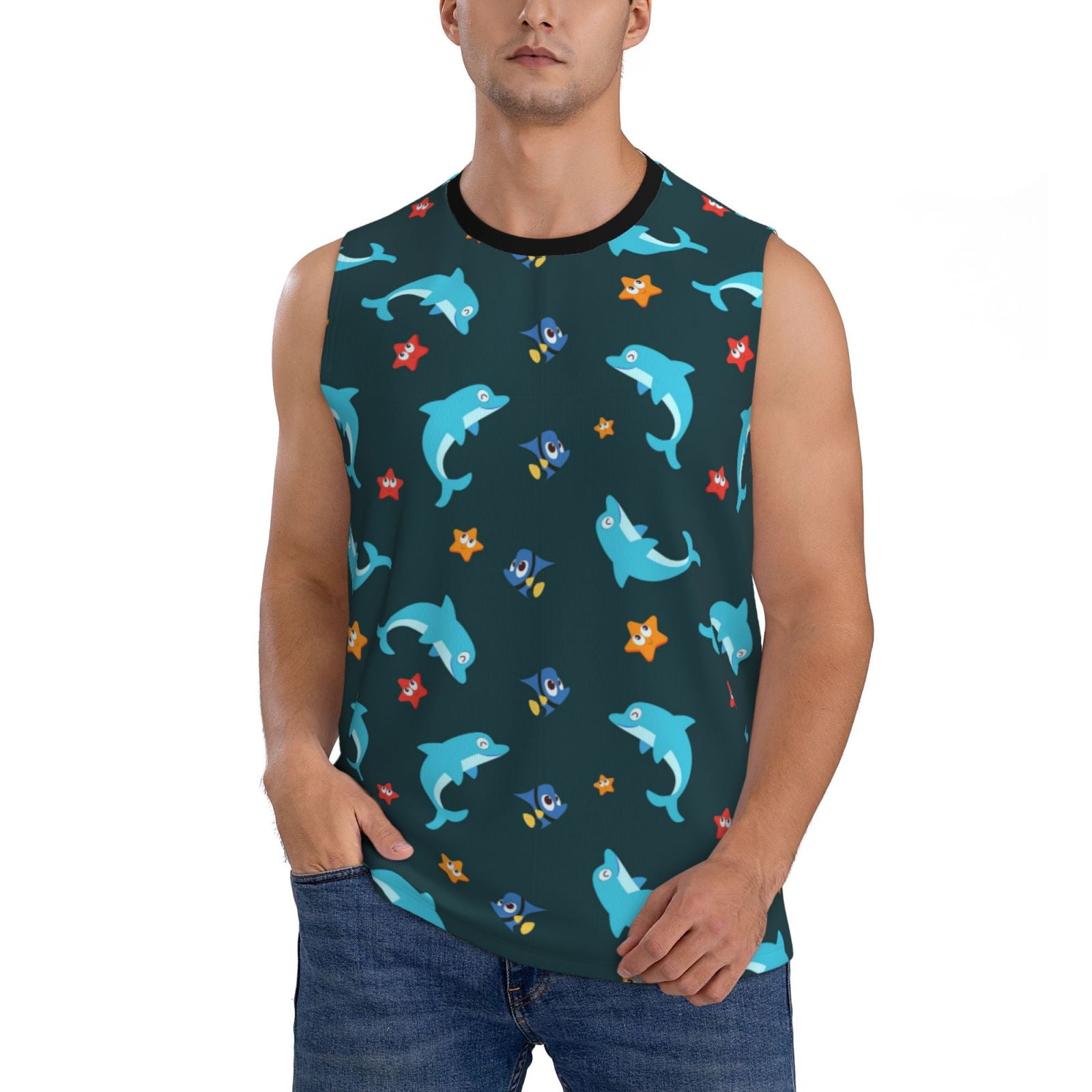PAYOHTO Men's Sleeveless Shirts Gym Tank Top with Cute Dolphin and ...