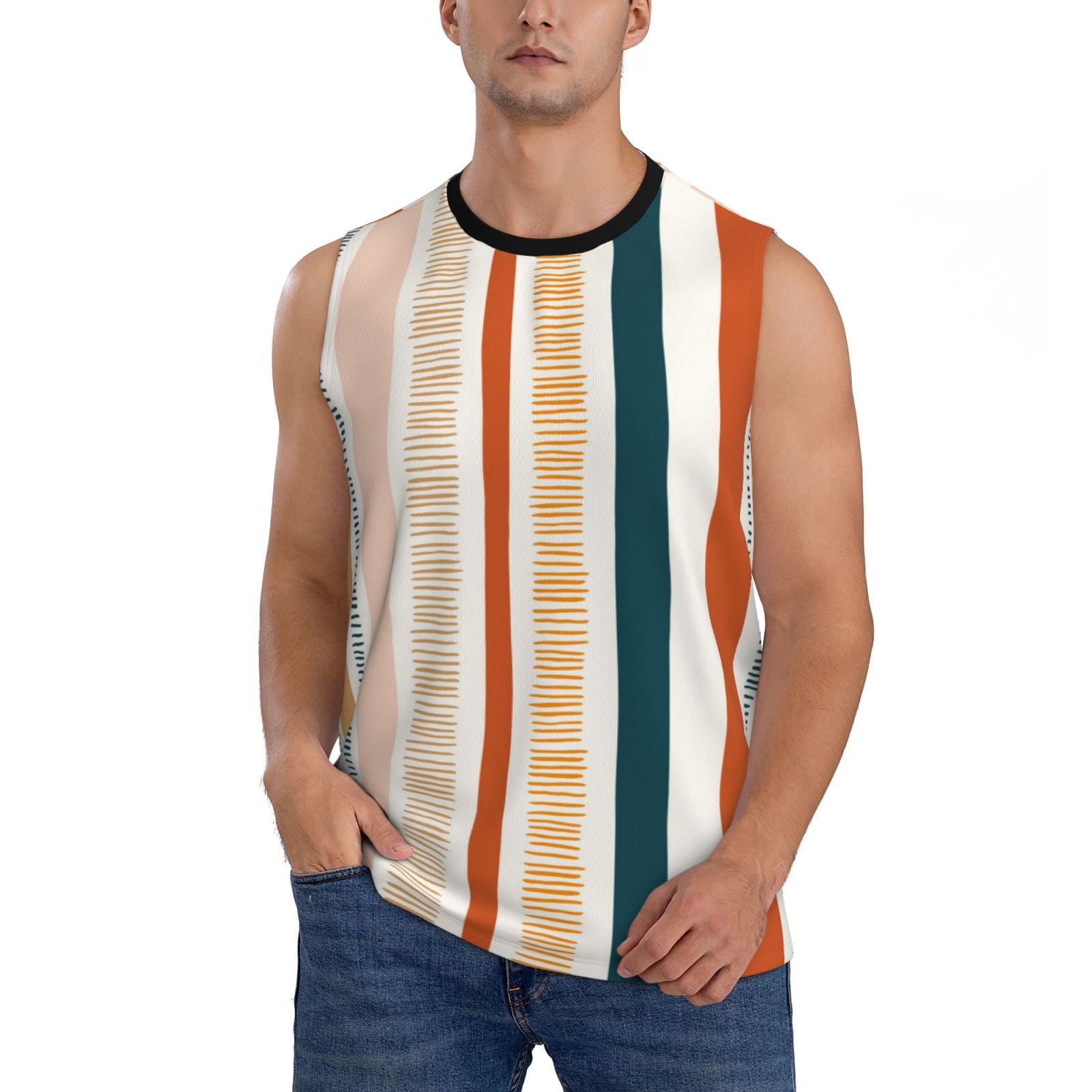 PAYOHTO Men's Sleeveless Shirts Gym Tank Top with Ethnic Vertical Line ...