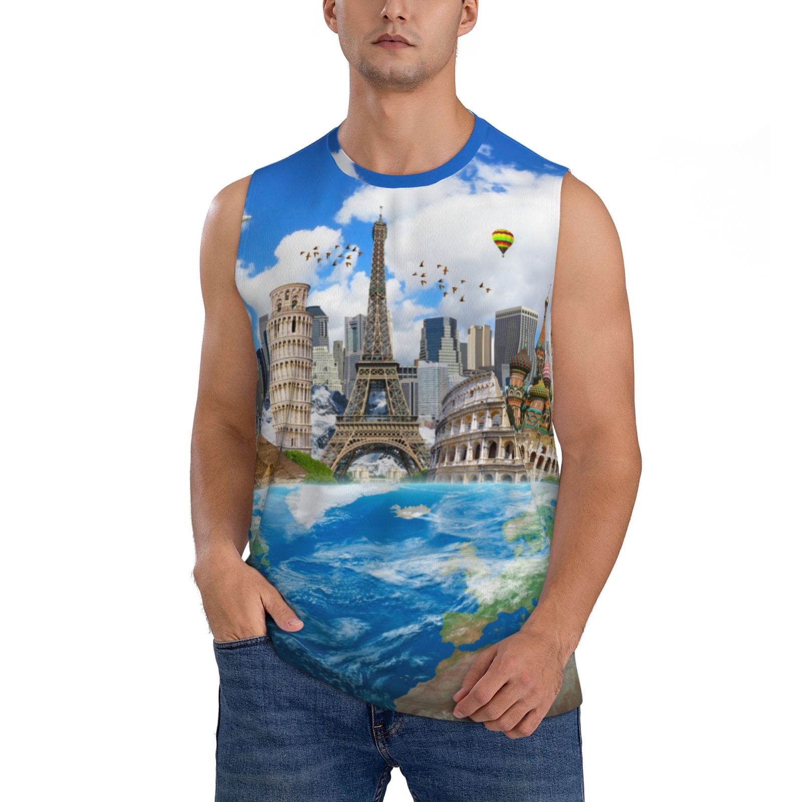 PAYOHTO Men's Sleeveless Shirts Gym Tank Top with Famous Landmarks of ...