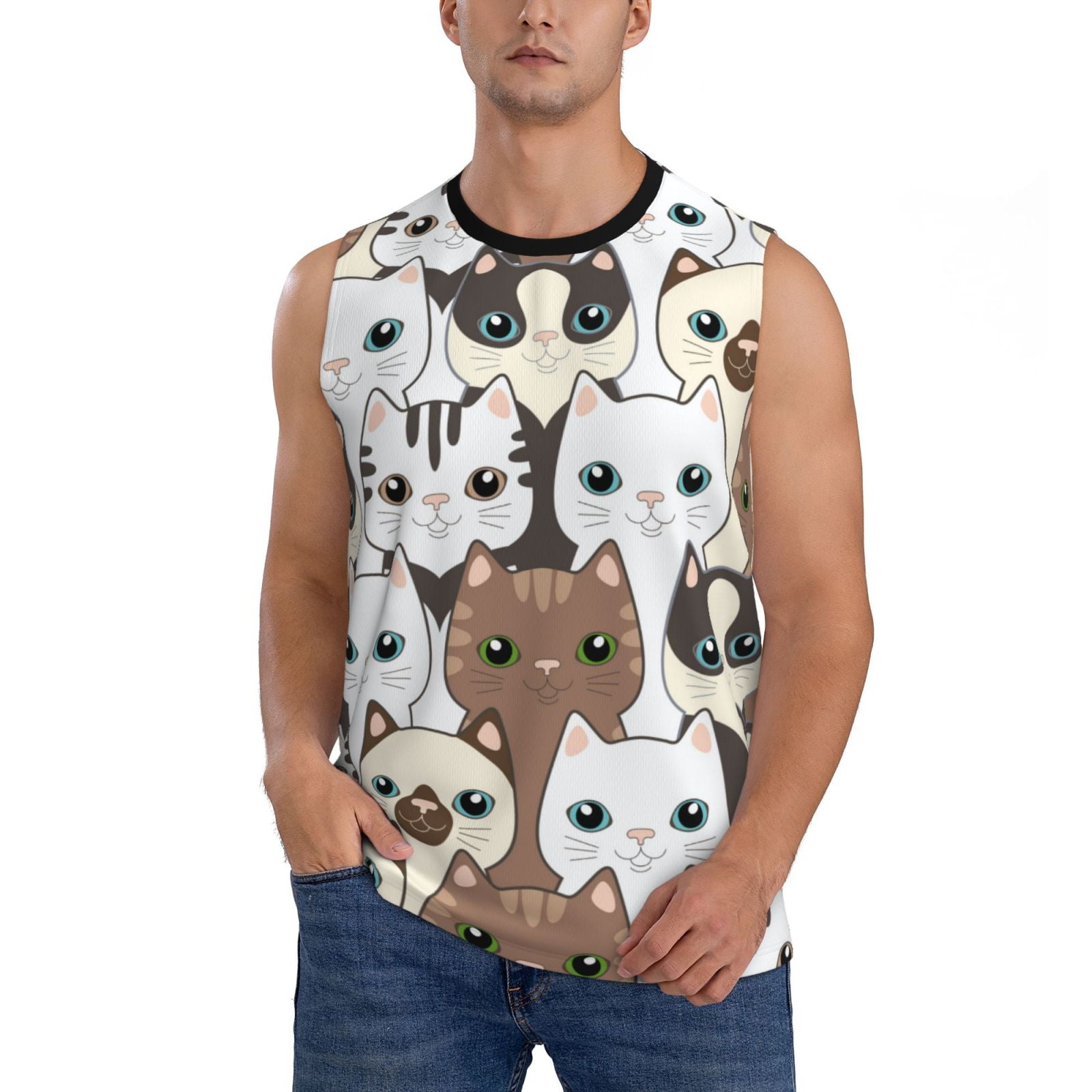 PAYOHTO Men's Sleeveless Shirts Gym Tank Top with Funny Cartoon Cats ...