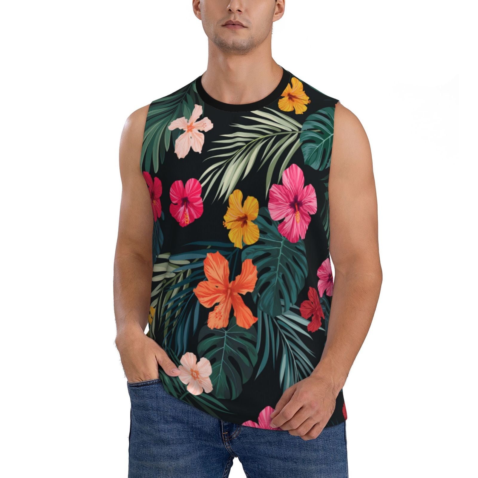 PAYOHTO Men's Sleeveless Shirts Gym Tank Top with Tropica Flower Balck ...