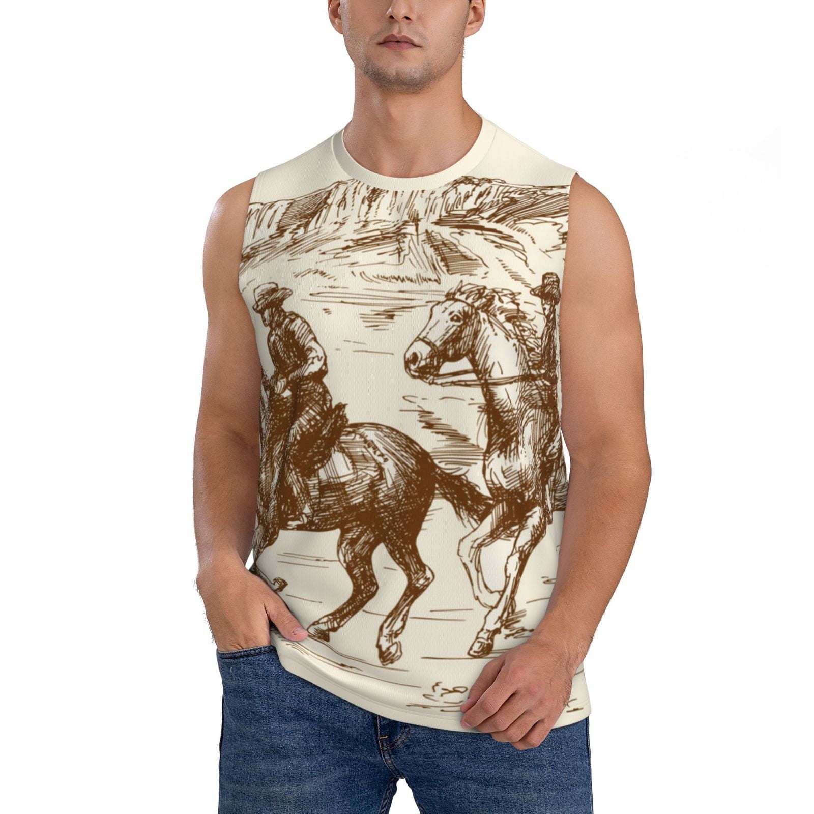 PAYOHTO Men's Sleeveless Shirts Gym Tank Top with Two Wild West Cowboys ...