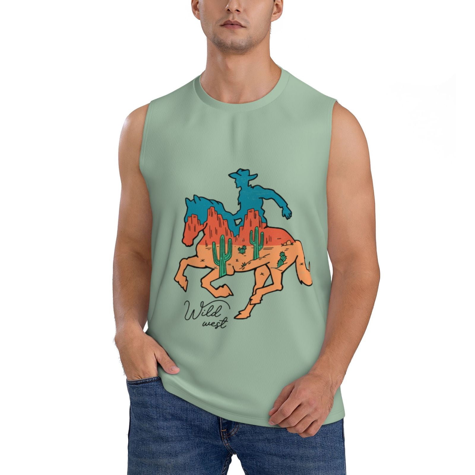 PAYOHTO Men's Sleeveless Shirts Gym Tank Top with Western Theme Cowboy ...