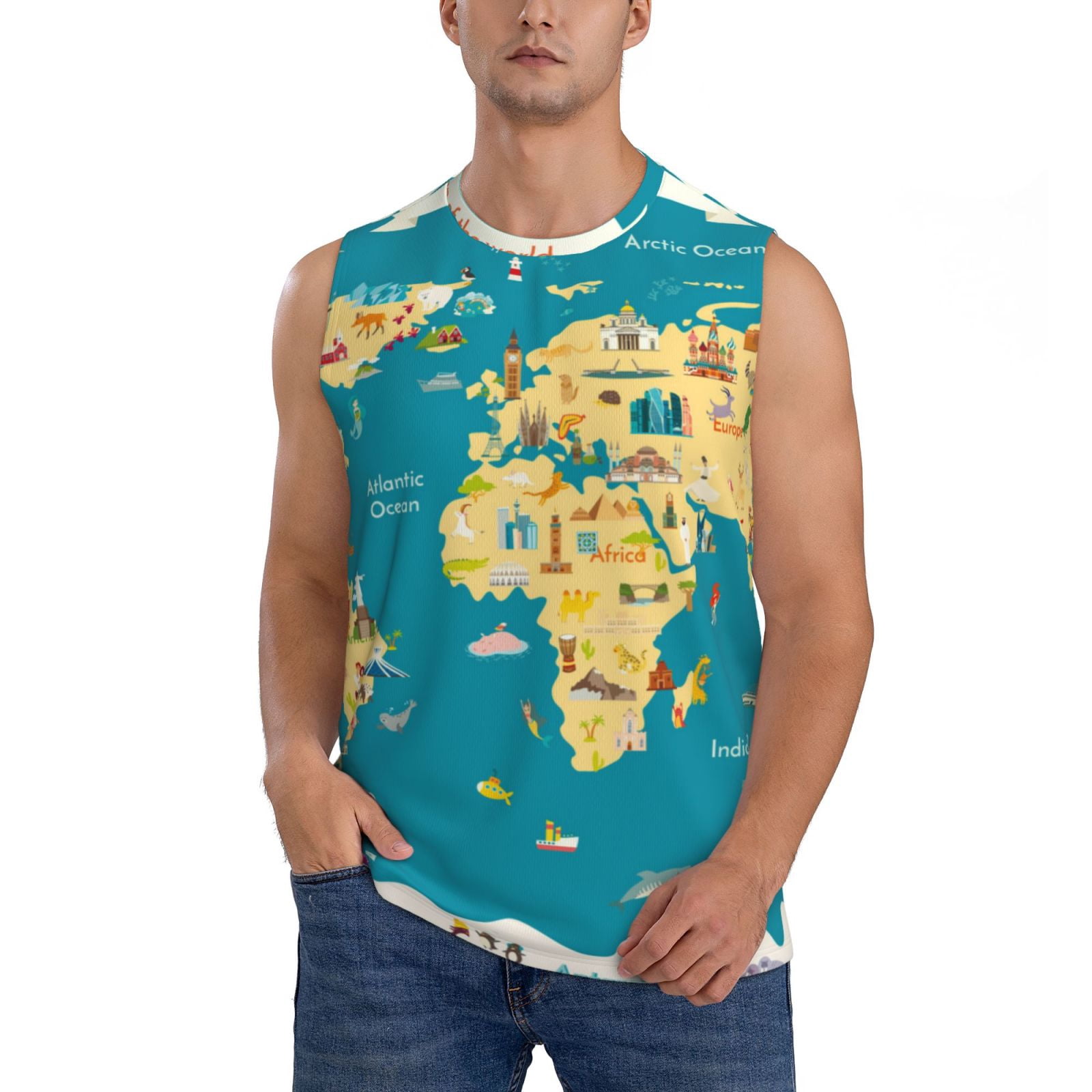 PAYOHTO Men's Sleeveless Shirts Gym Tank Top with World Map with ...