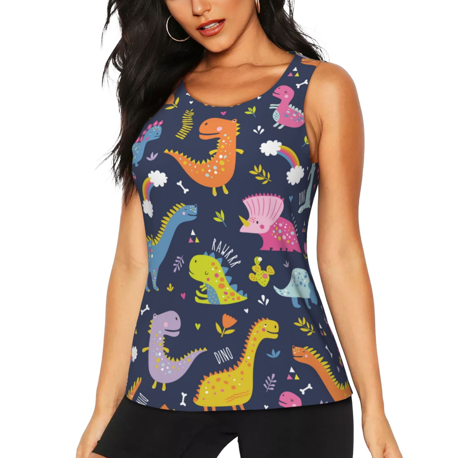 PAYOHTO Summer Tank Tops for Women Colorful Cute Kawaii Kids Dinosaurs ...