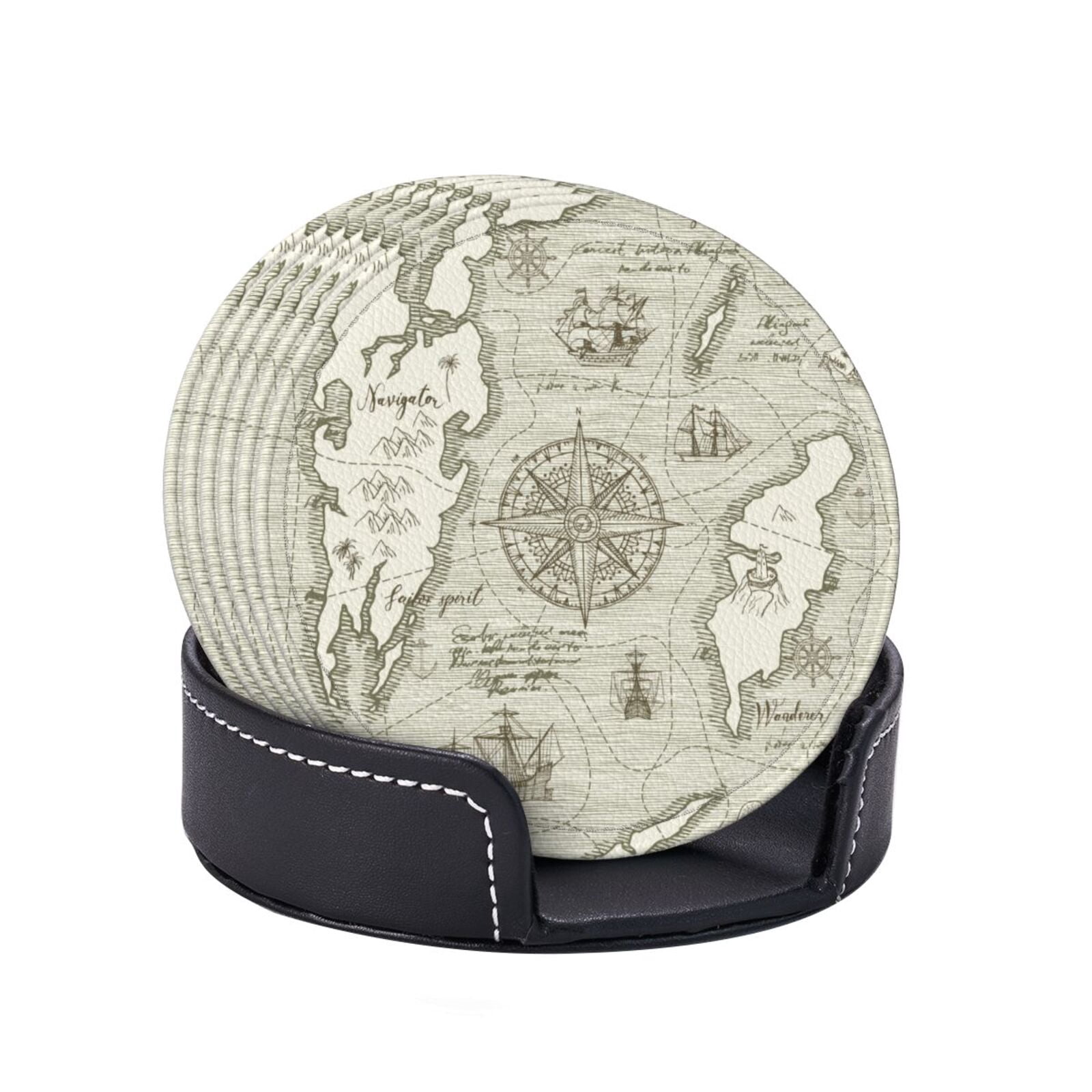 PAYOHTO Vintage Nautical Route Map Premium PU Leather Coasters Set - 6 ...