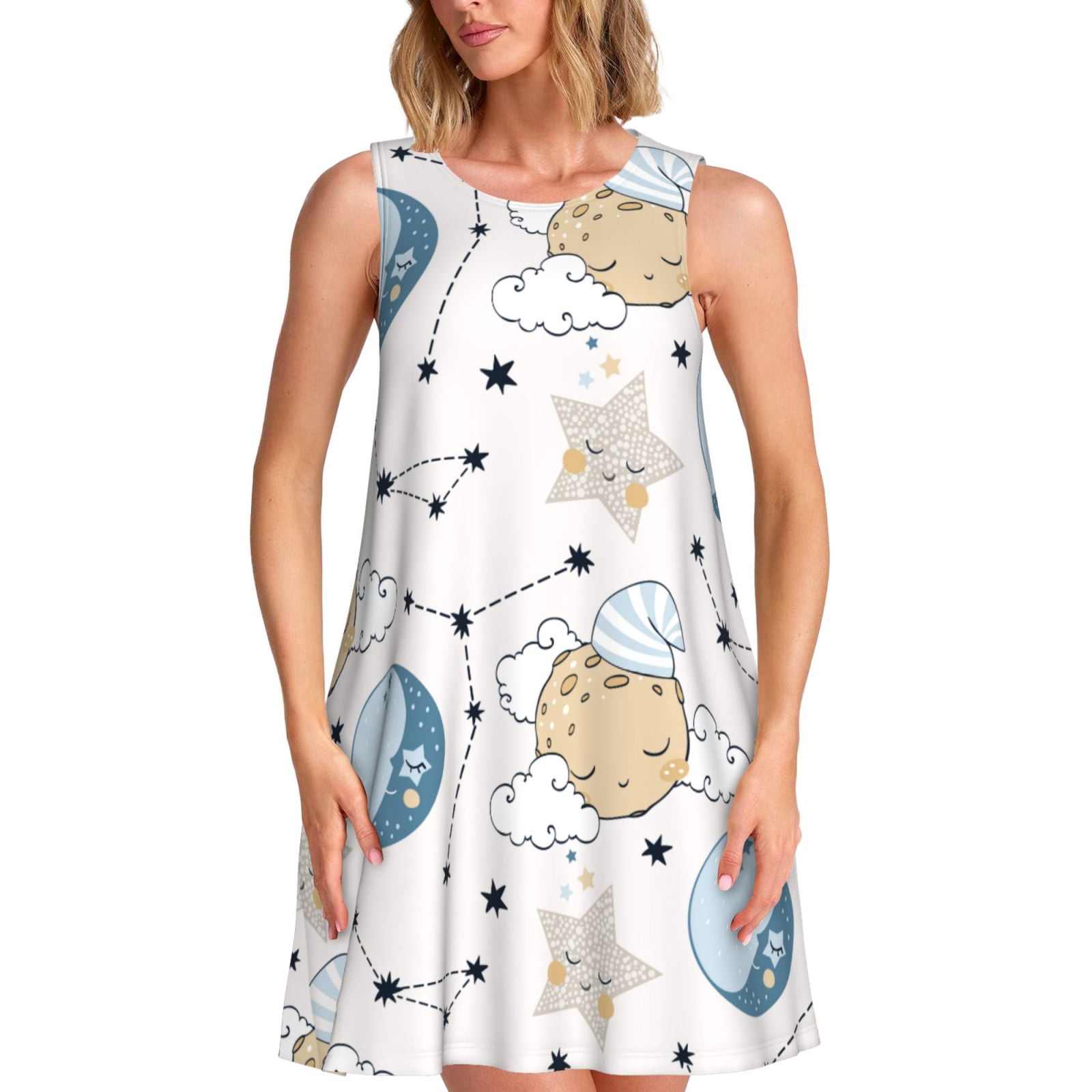 PAYOHTO Women's Sleeveless Dress Cartoon Sleeping Planet And Stars ...