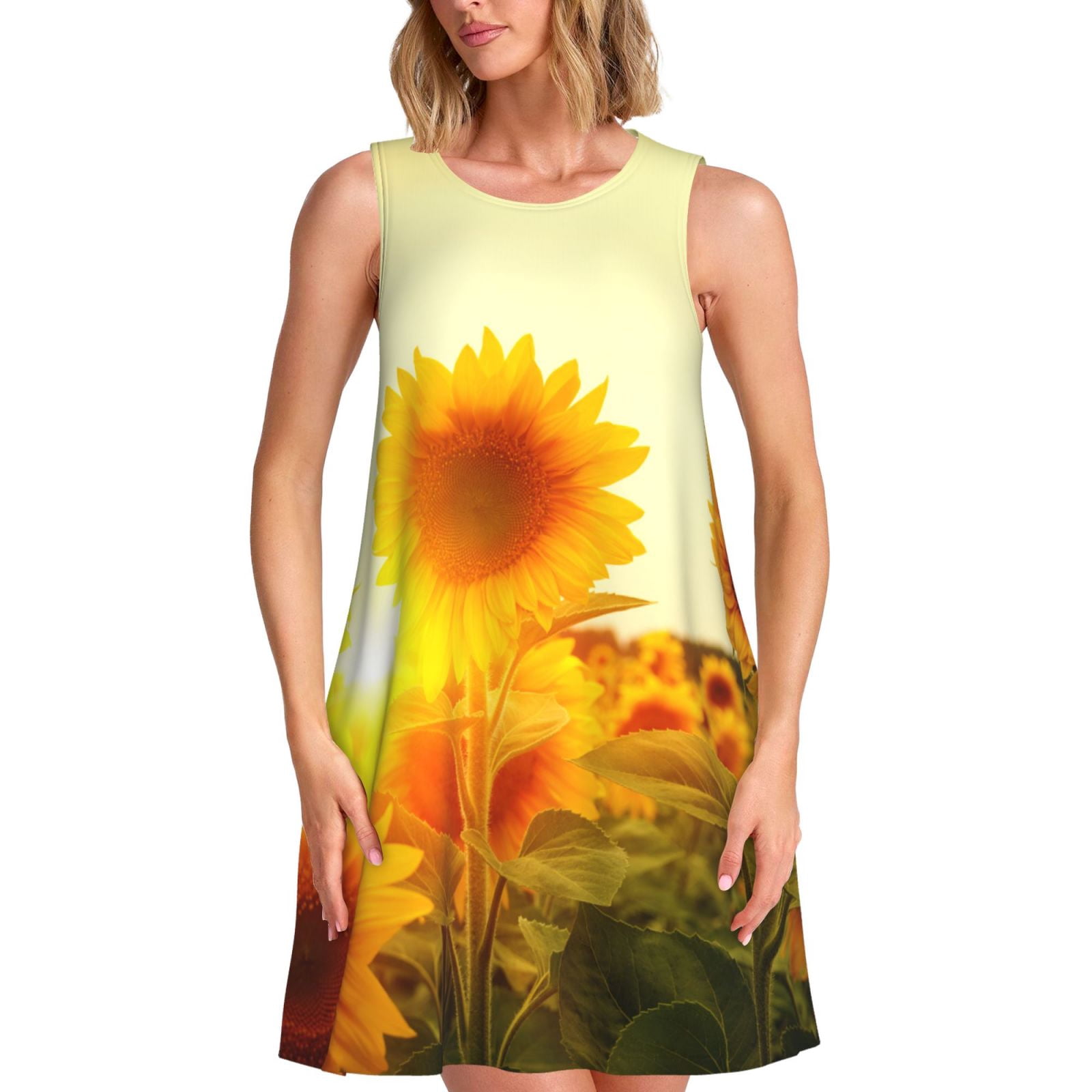 PAYOHTO Women's Sleeveless Dress Field Of Sunflowers And Sun Summer ...