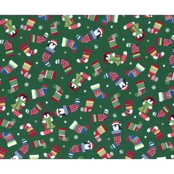 PB Textiles Christmas Winter Waddles Stocking Toss on Green 100% Cotton Fabric Price per Yard ...