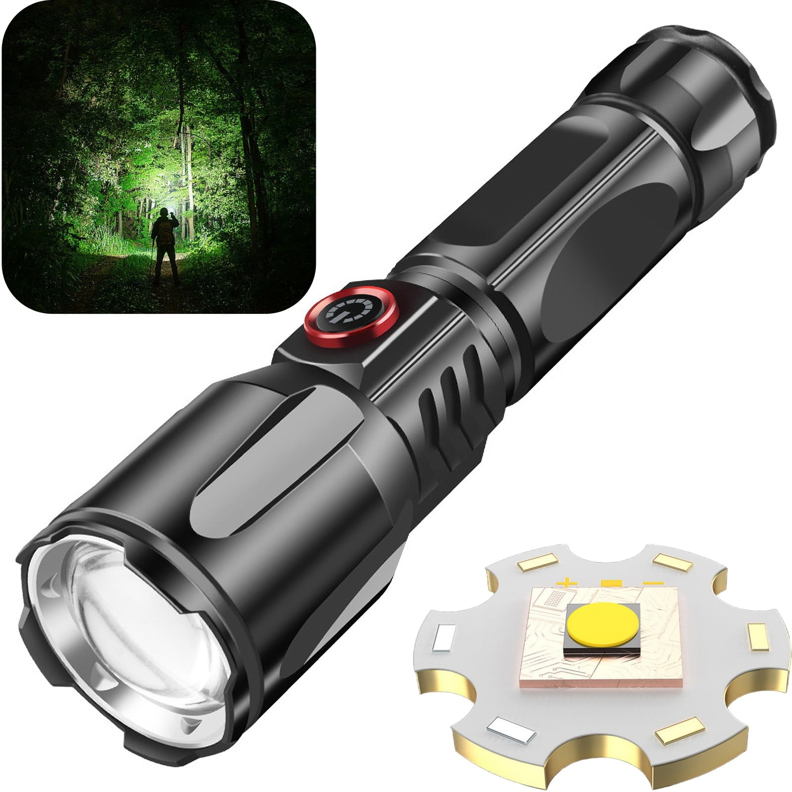PBAZIH 1000 Lumens Super Bright LED Flashlight, Zoomable Rechargeable Flashlight with 4 Modes ...