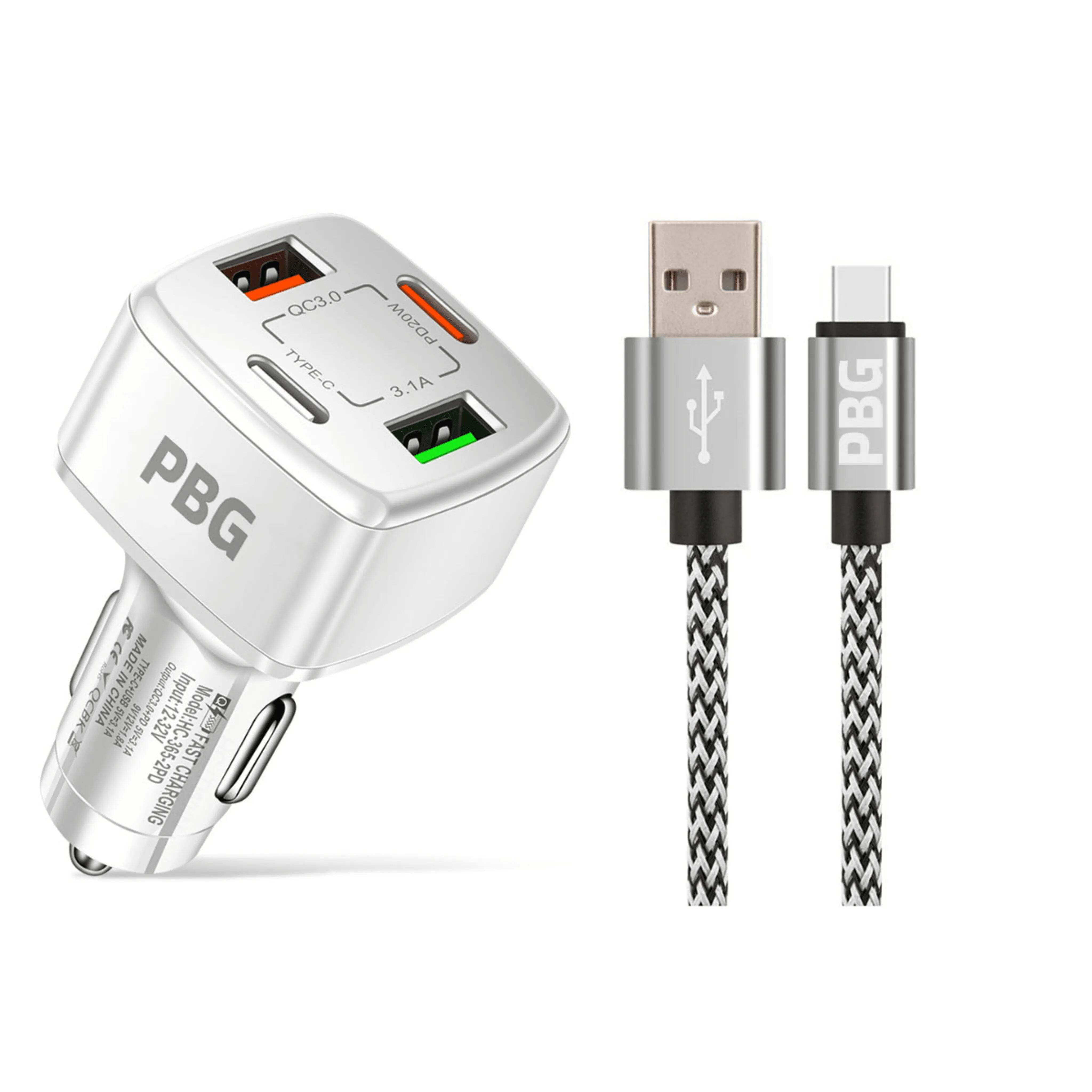 PBG White PD 4-Port Fast Car Charger with 10FT Zebra Style Wire iPhone ...