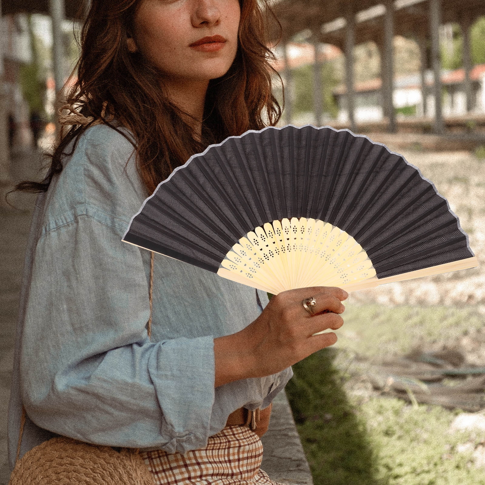 PBPBOX 2Pcs Old-Fashioned Chinese Fan Hand Fan Black Wooden Mesh ...