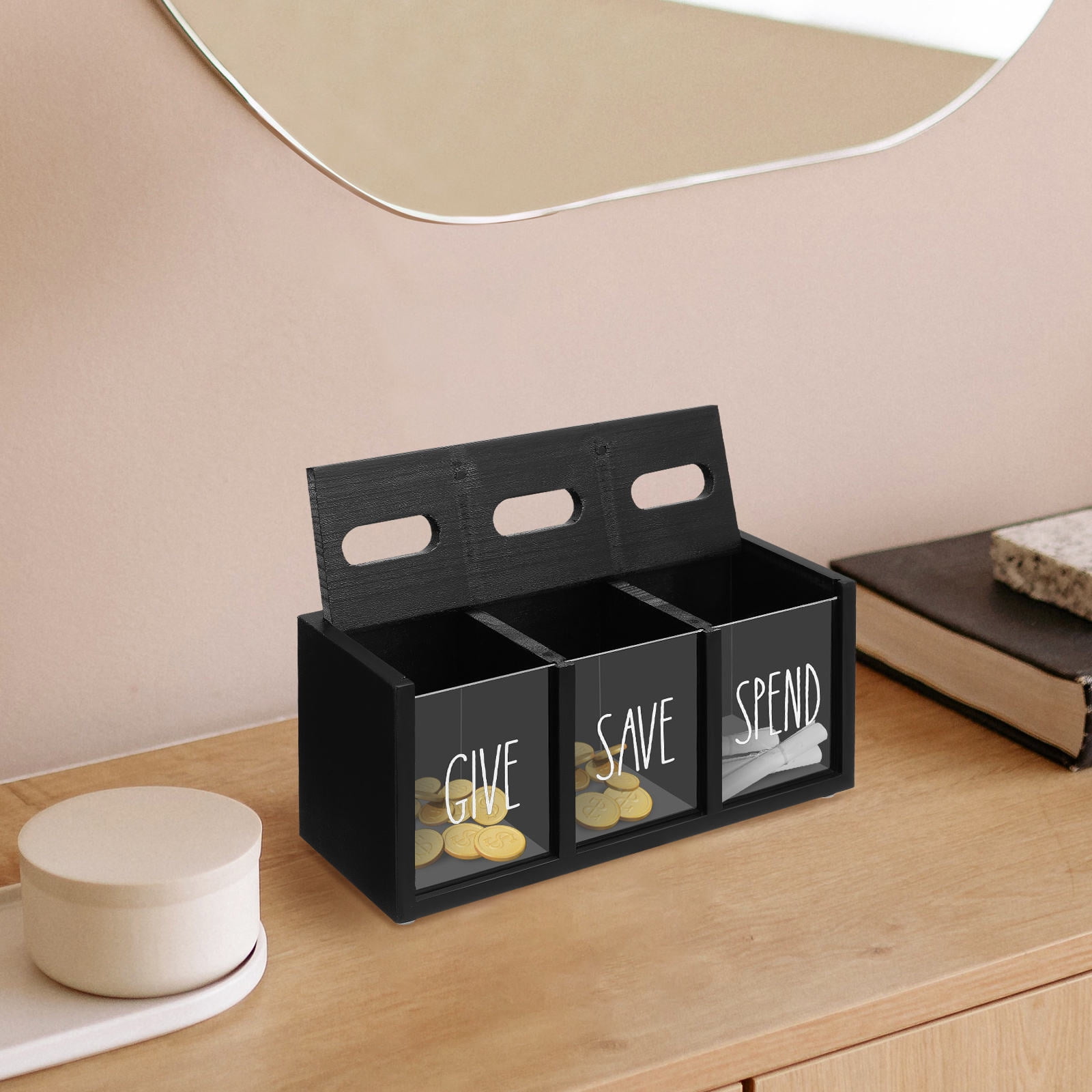 PBPBOX Black Wooden Money Box Divided Sections Educational Tool for ...