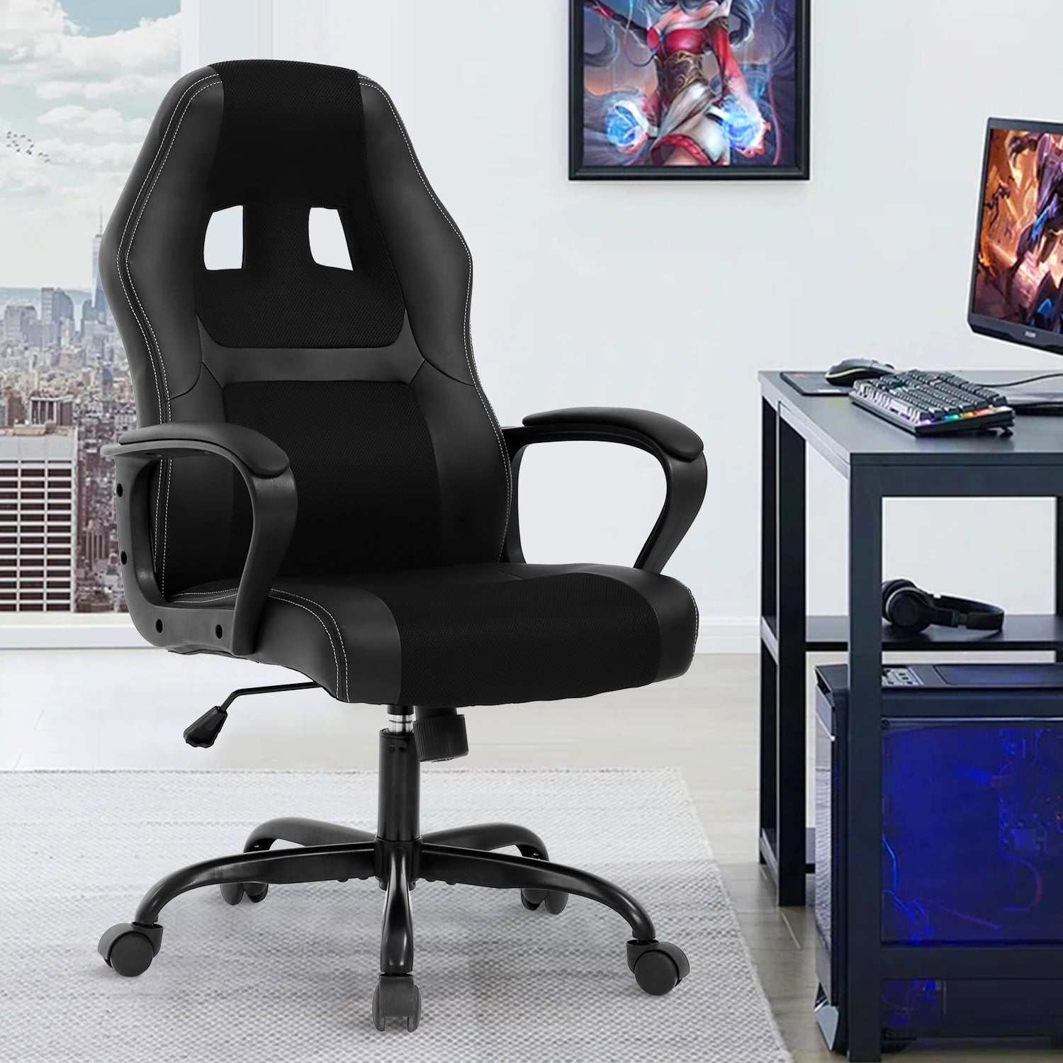 NiamVelo Ergonomic PC Gaming Chair Black with Lumbar Support 360-Degree ...