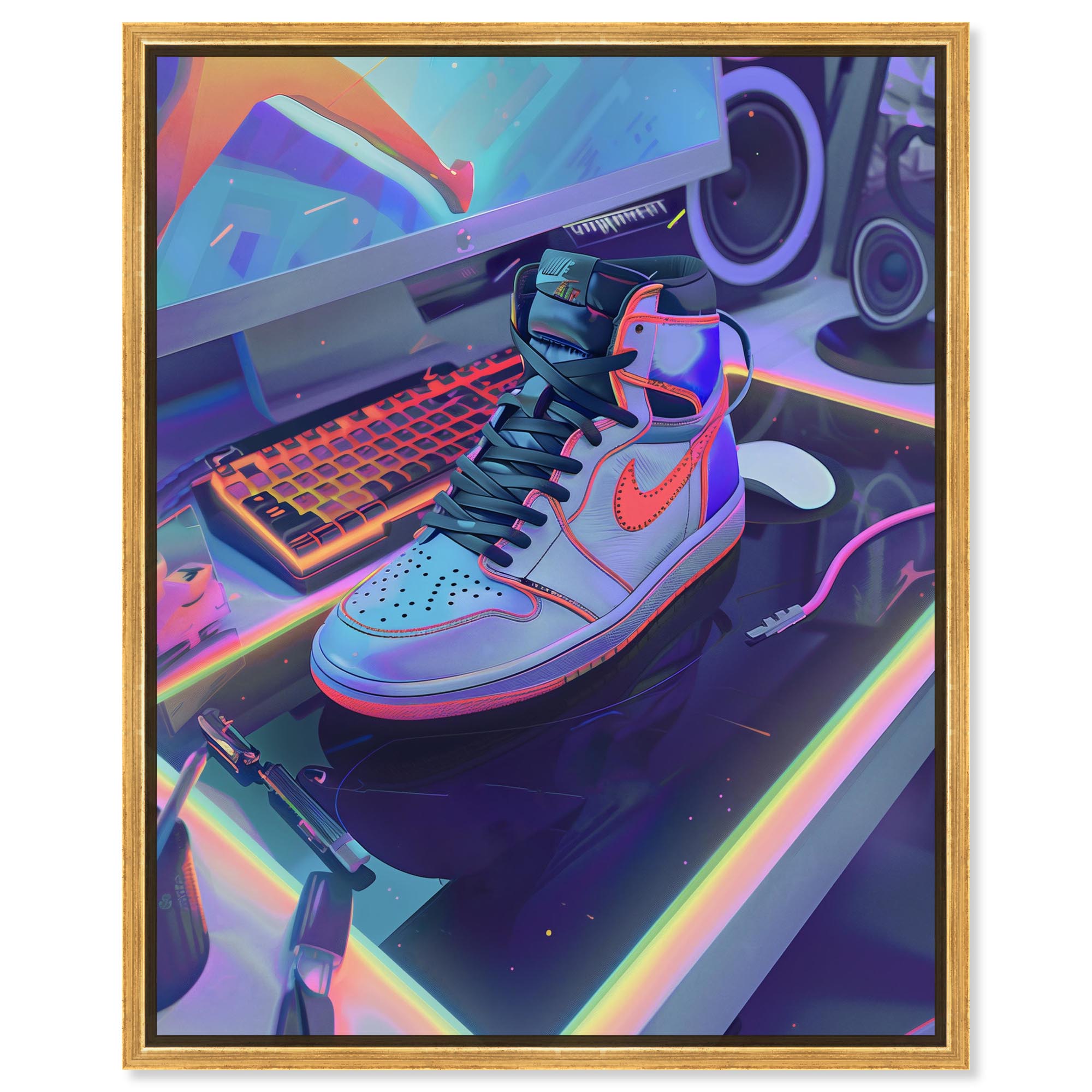 PC Gaming Sneaker Canvas Neon Sneaker Art by Art Remedy, Gold Frame, 16 ...