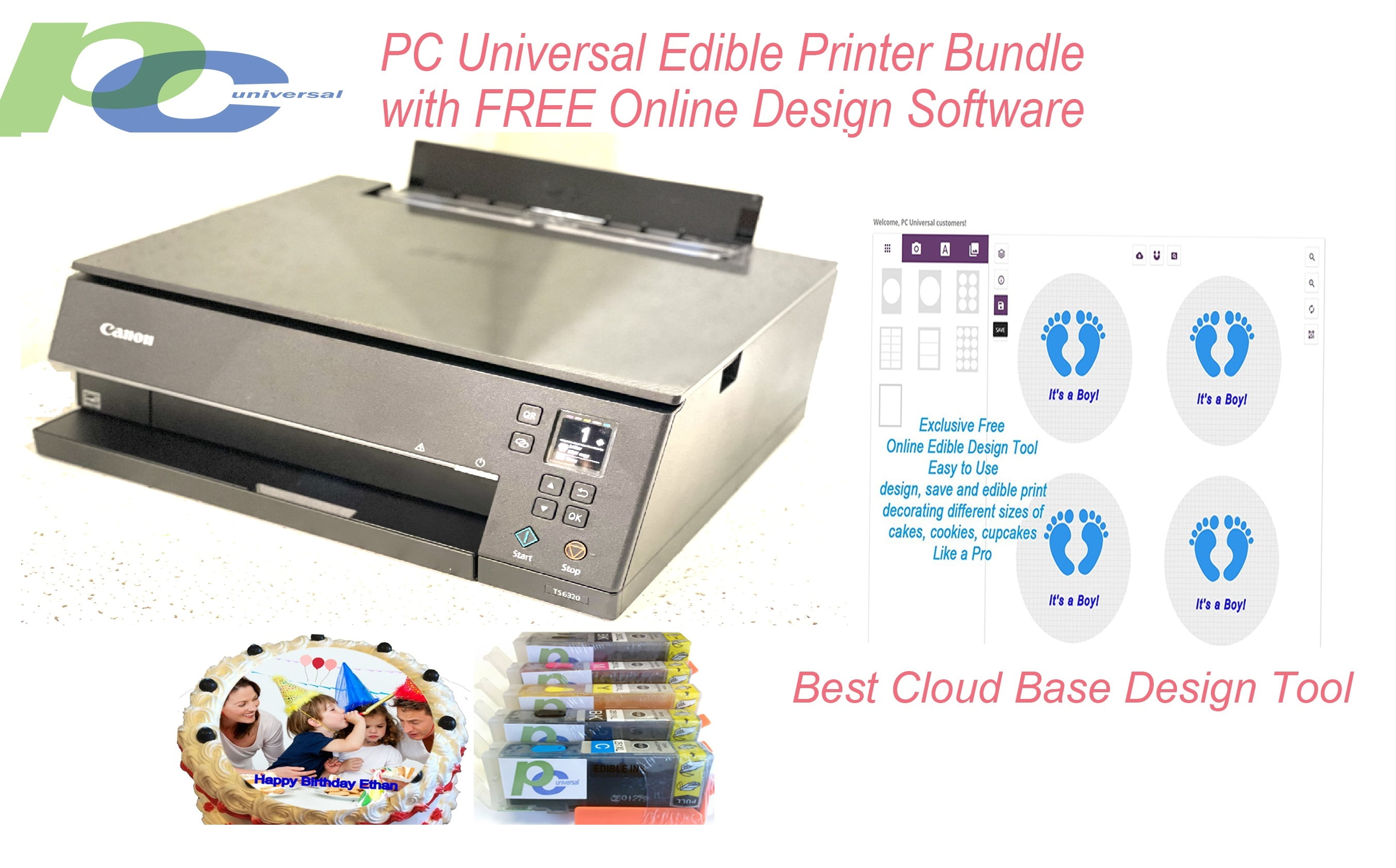 PC Universal Edible Cake Printer: All-in-One, 2 XL Edible Ink Sets, 50 ...