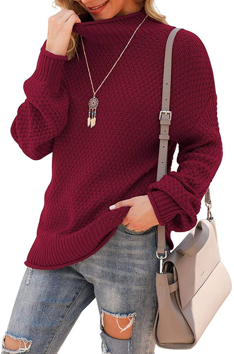 PCEAIIH Wine Red Turtleneck Batwing Sleeve Oversized Chunky Knitted ...