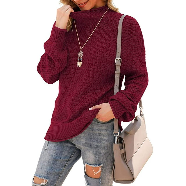 PCEAIIH Wine Red Sweaters for Women Turtleneck Batwing Sleeve Oversized ...