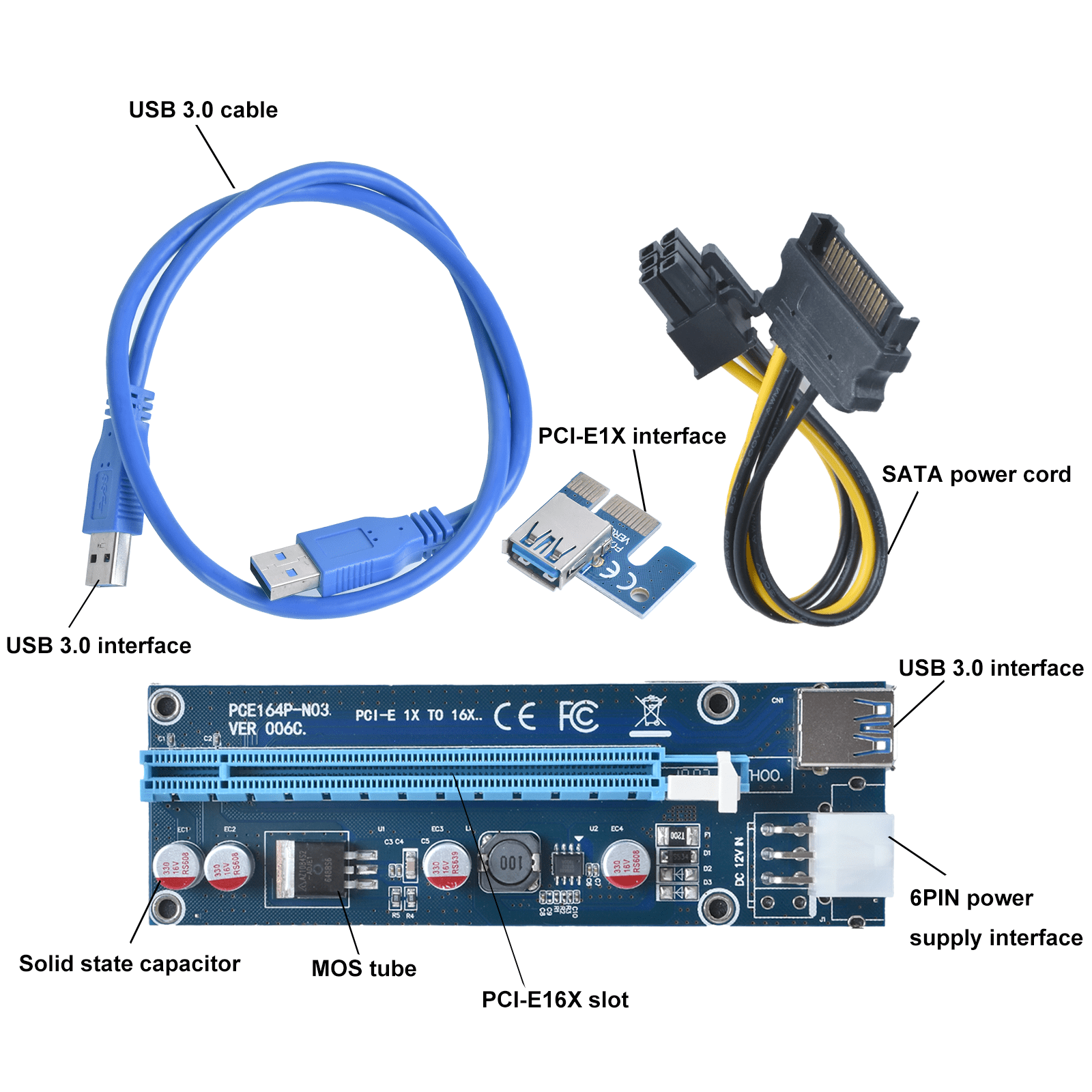 PCI-E 16X to 1X Extension Riser Cable with 6-Pin Power Connector ...