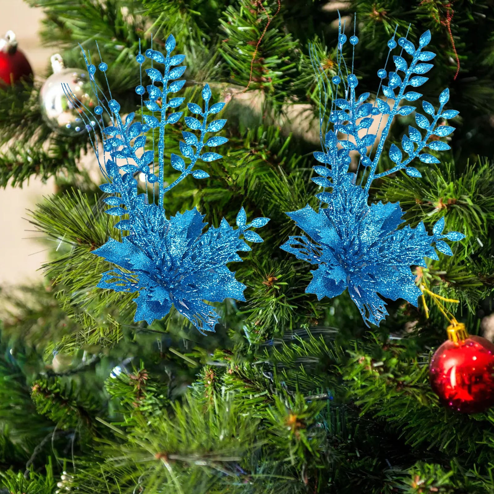 PCLCN Upgraded 2Pcs Christmas Tree Decoration Simulation Flowers ...