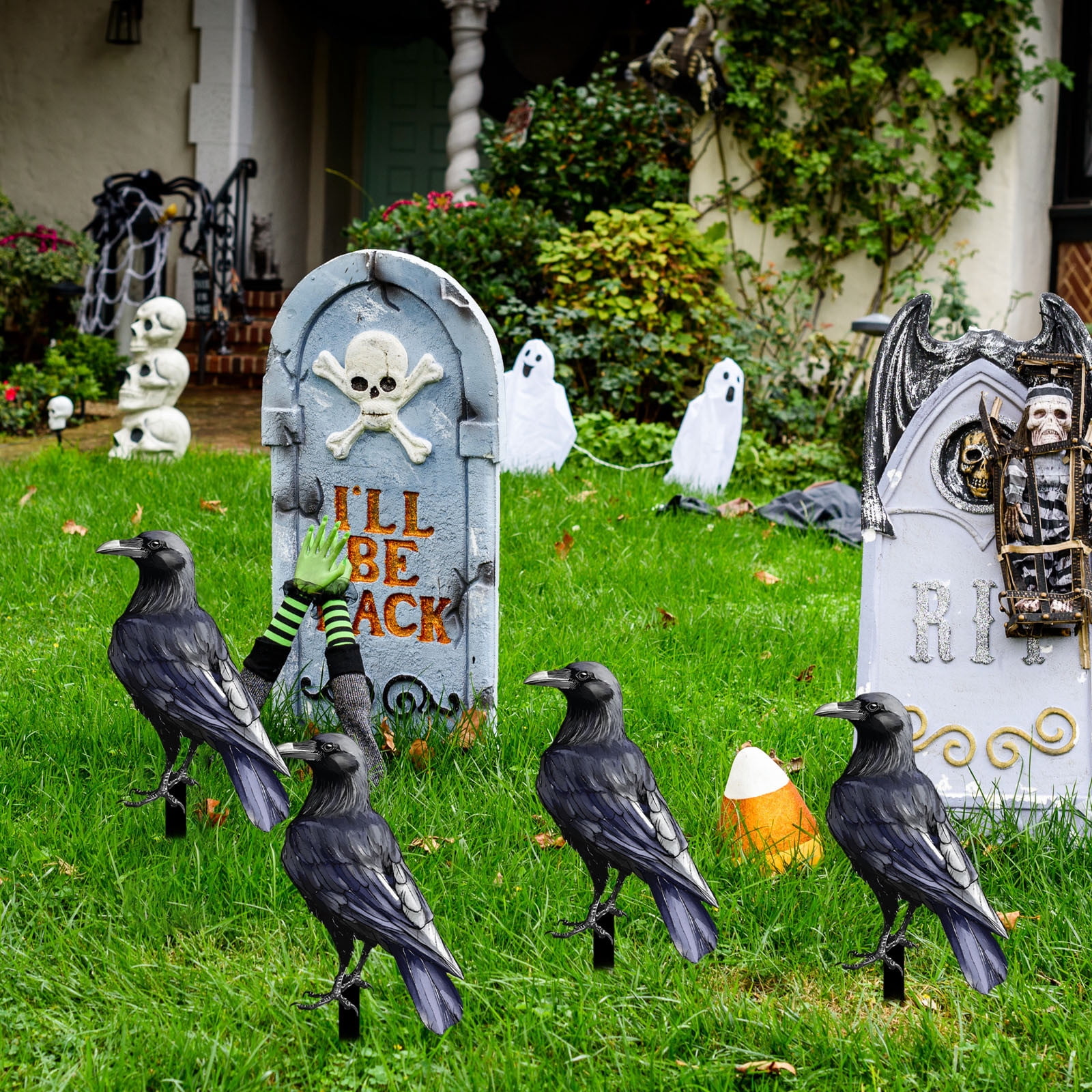 PCLCN Upgraded Halloween Crow Decorations Black Birds Yard Stake For ...
