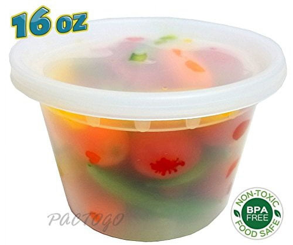 PCM 16 oz. Heavy Duty Round Deli Food Soup Plastic Container w/Lid 100% ...