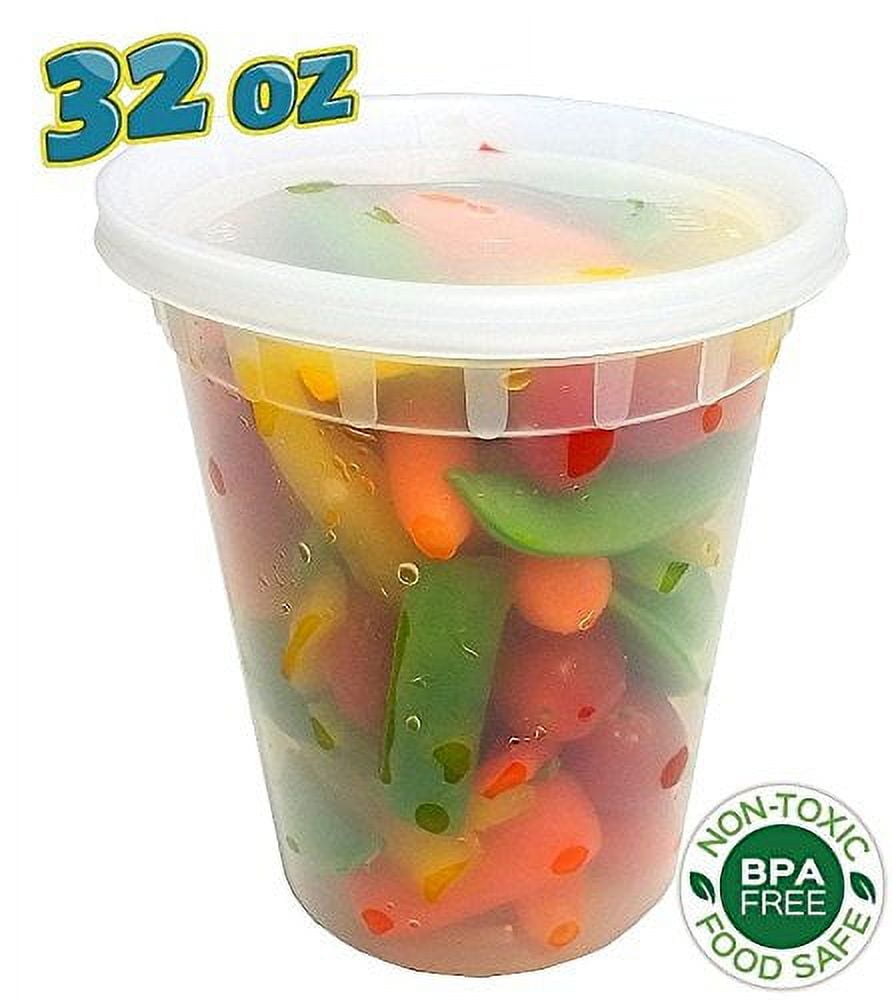 PCM 32 oz. Heavy Duty Round Deli Food Soup Plastic Container w/Lid 100% ...