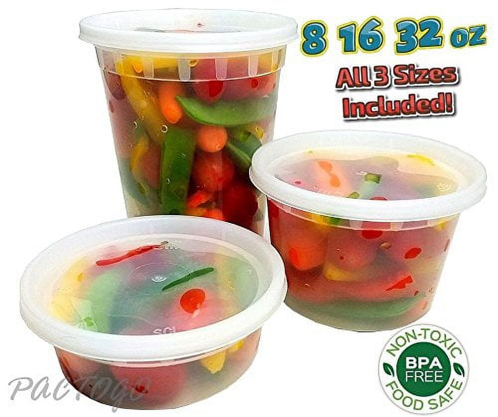 PCM 8 16 32 oz. Round Plastic Deli Soup Containers w/Lids Microwavable ...