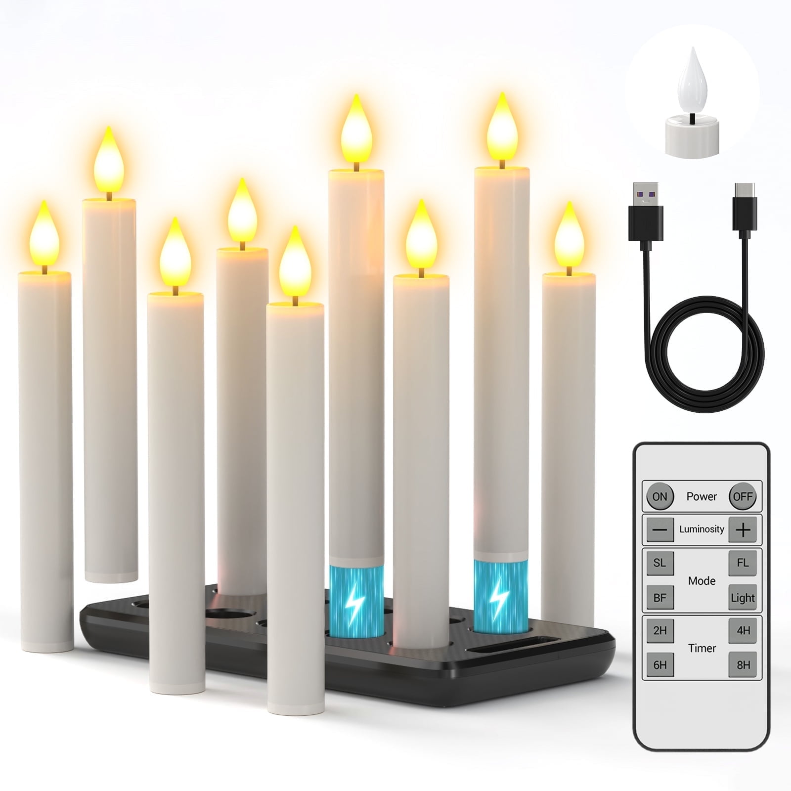 PChero 10pcs Rechargable Taper Candles with Remote Timer&Charging ...