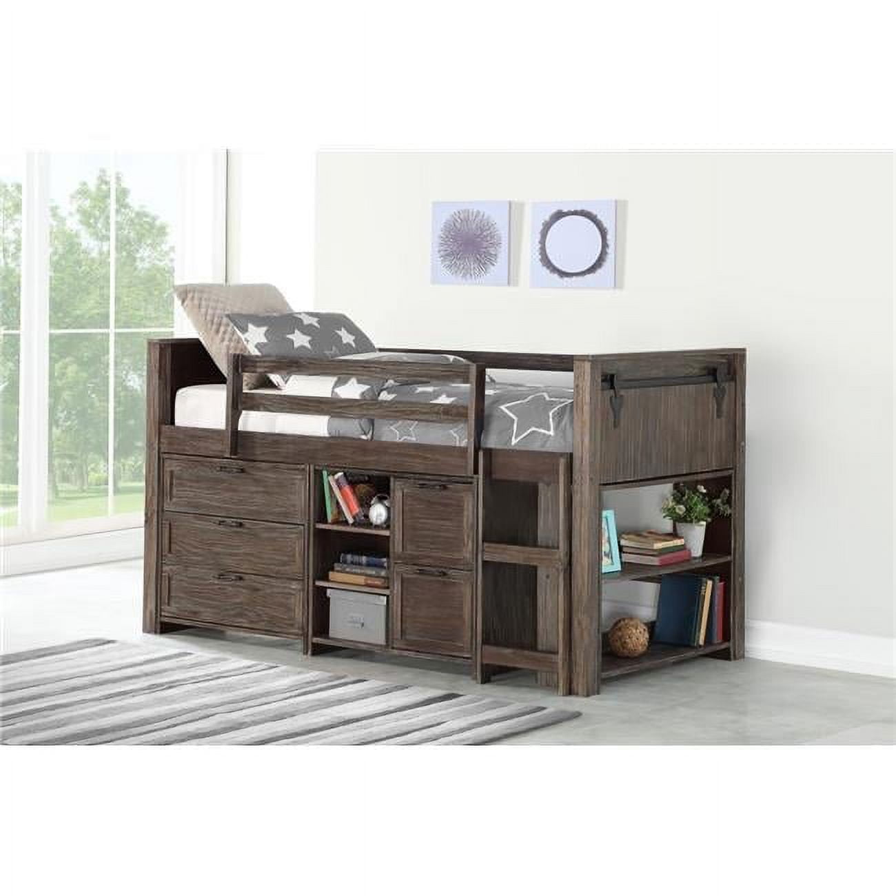 PD-0318TBS-Modular-C1 Twin Barn Door Low Loft with 3 Drawer Chest, 2 ...