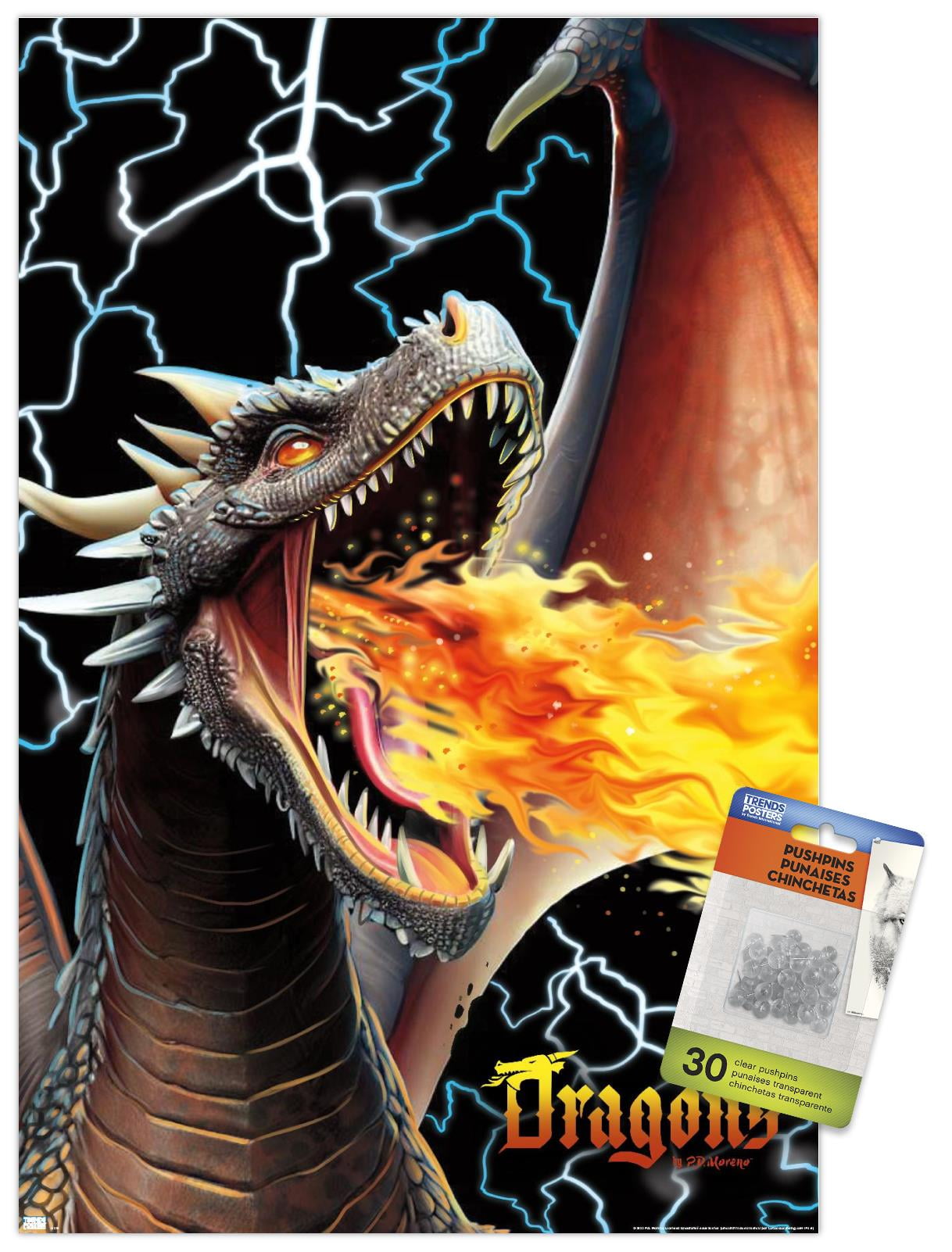 PD Moreno - Dragon Lightning Wall Poster with Push Pins, 14.725" x 22. ...