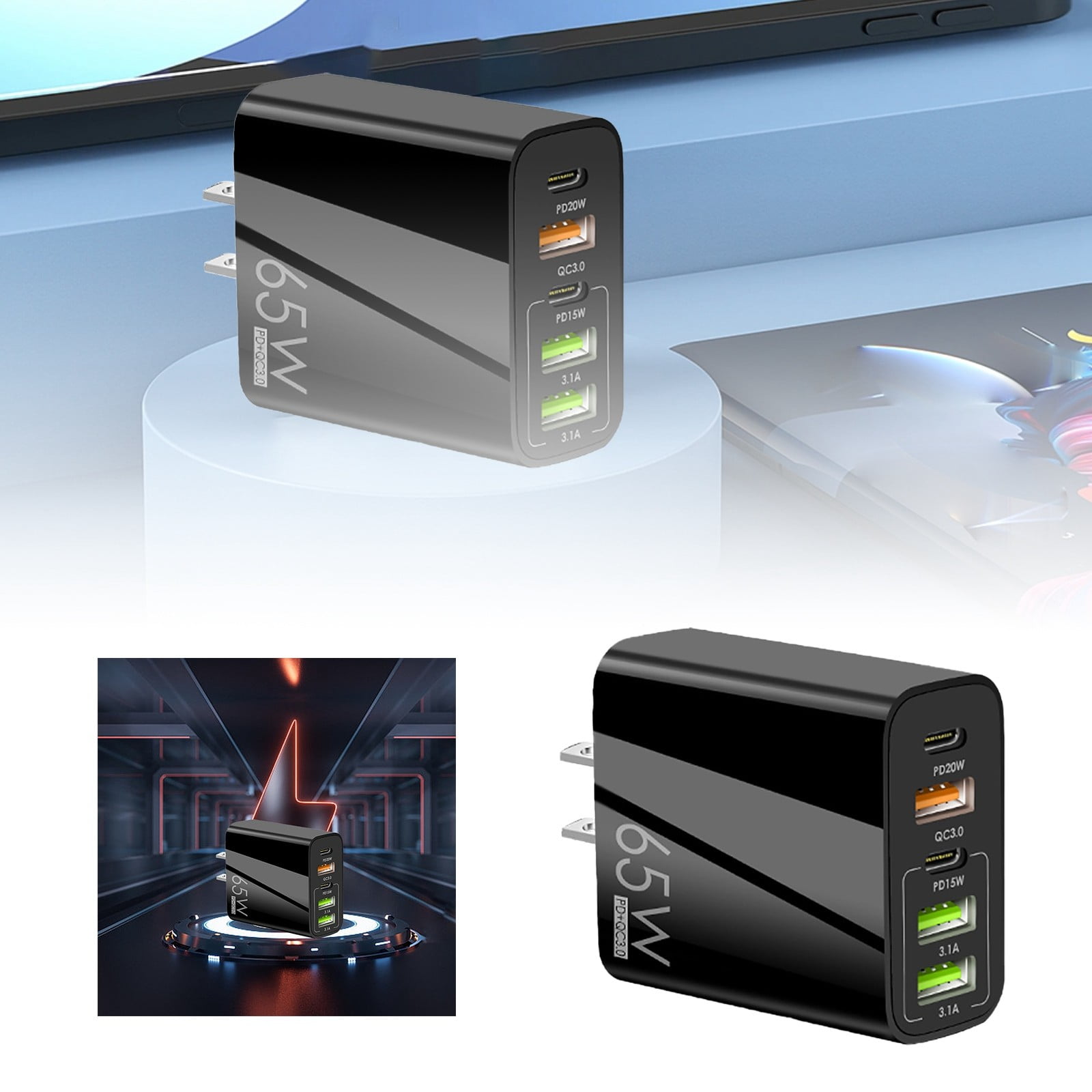 PD65W Fast Charging Wall Charger 5V4A EU UK US Plug Port Adapter With 3 ...