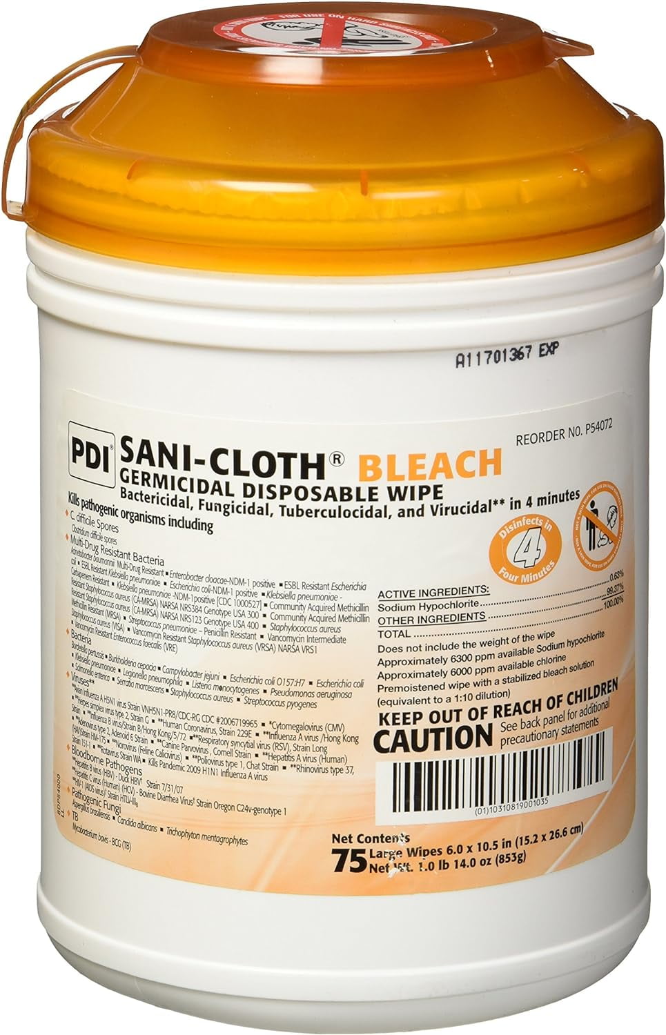 PDI P54072 Sani-Cloth Bleach Germicidal Disposable Wipe Large 6 in. x ...