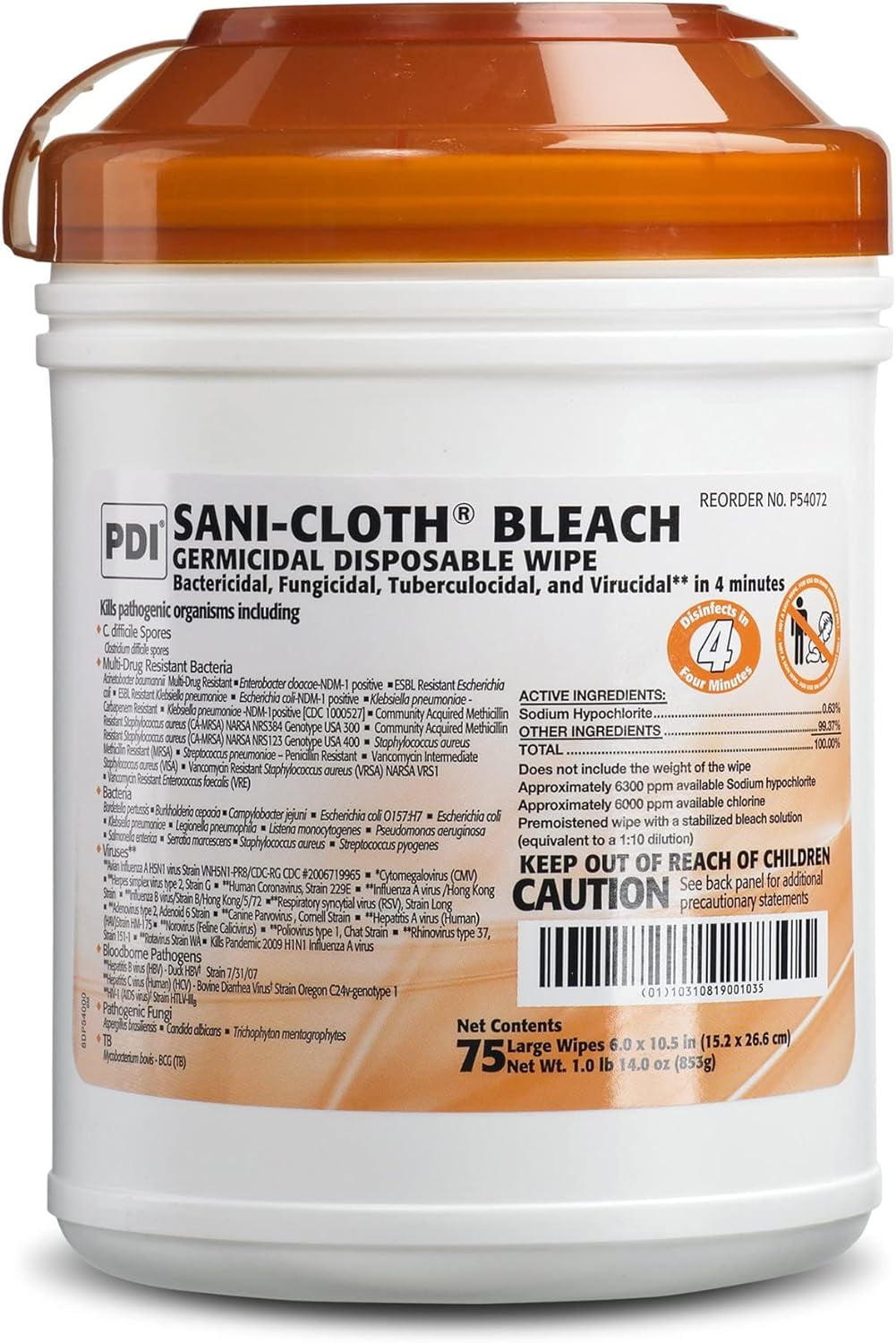 PDI Sani-Cloth Bleach Germicidal Disposable Wipes - Disinfecting ...