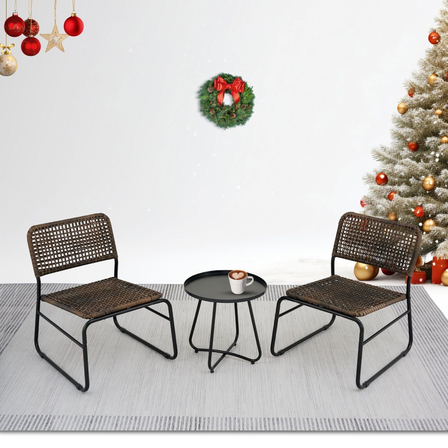 PE Rattan 3-Piece Patio Set Steel Frame Round Table Brown Black ...