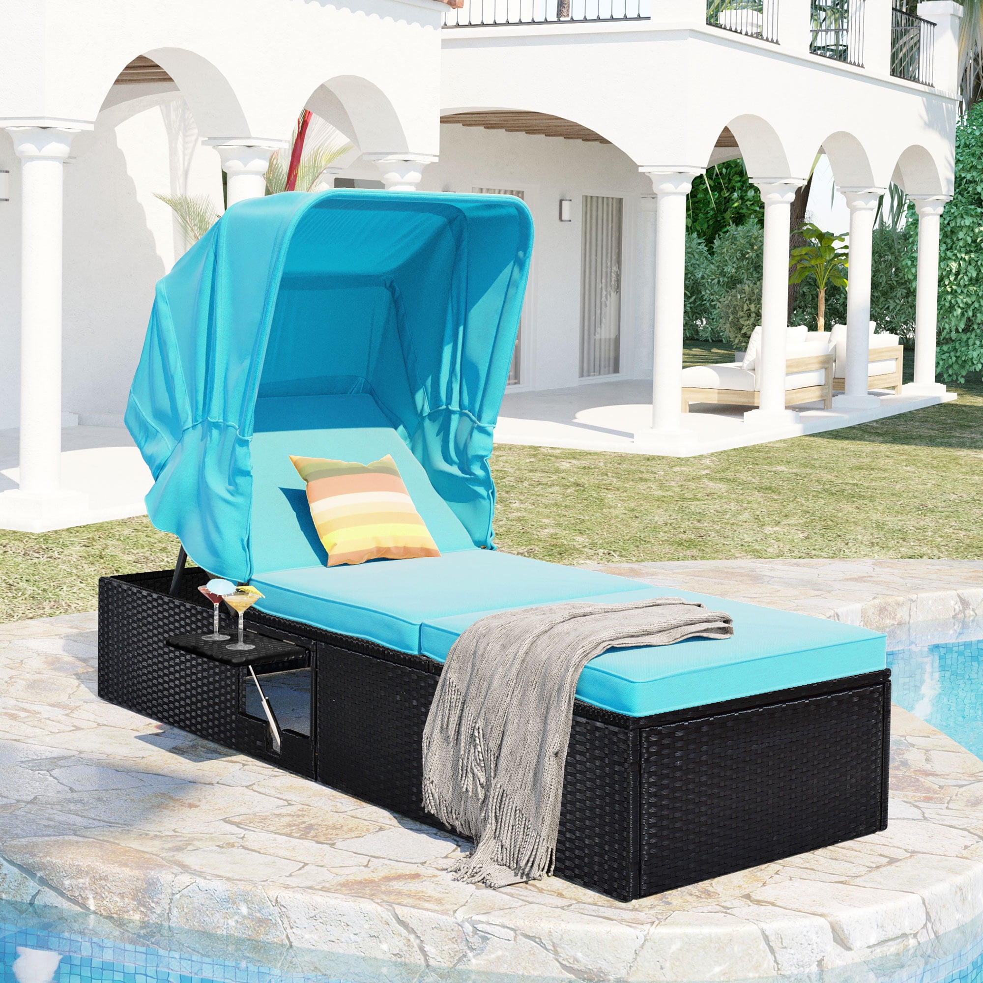 PE Rattan Chaise Lounge Chair with Canopy, Adjustable Outdoor Furniture ...