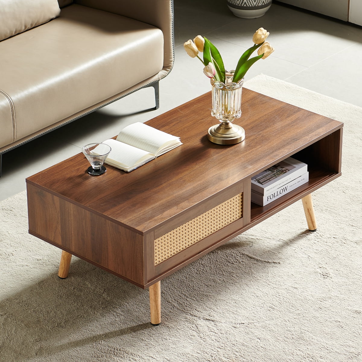PE Rattan Coffee table, Sliding Door for Storage, Solid Wood Legs ...