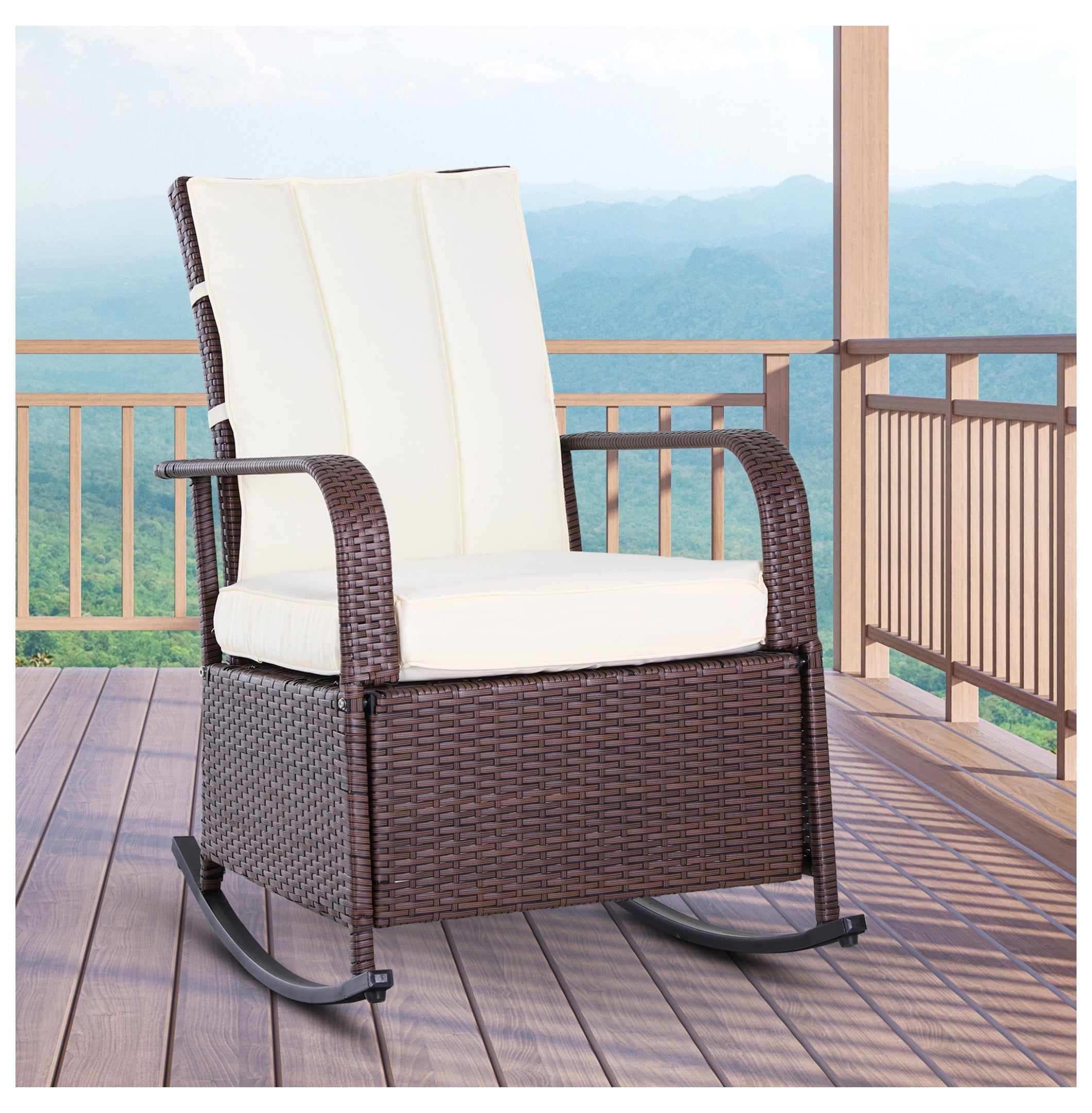 PE Rattan Rocking Recliner with Footrest Outdoor Patio Chair, Beige ...