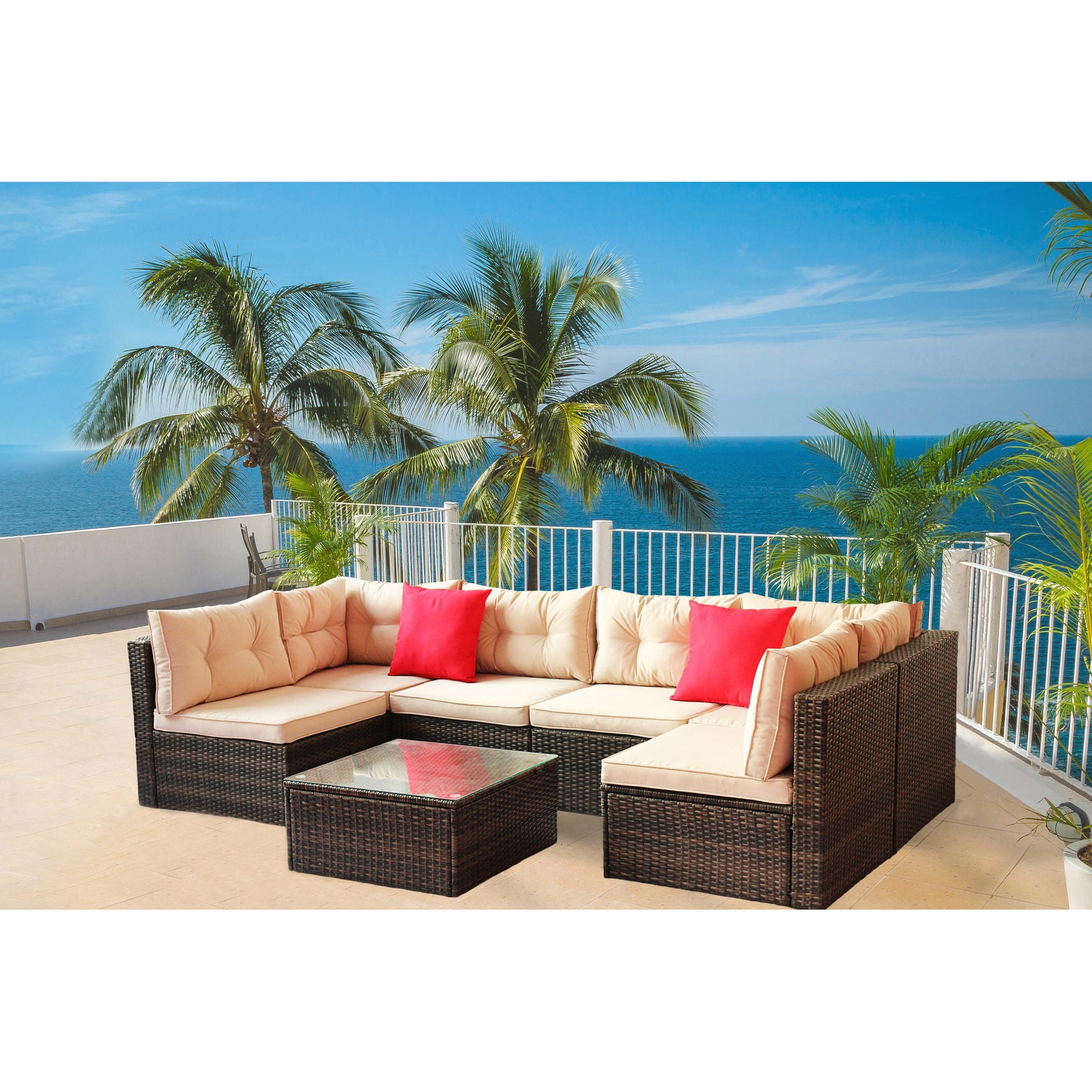 PE Rattan Sectional Garden Furniture with Tempered Glass Table ...