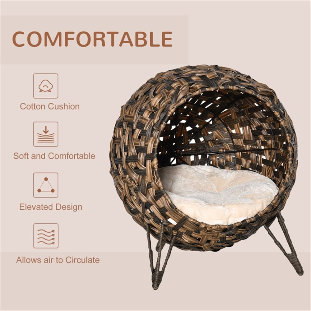 PE Wicker Cat Bed - Elevated Rattan Cat House - Cat Basket Bed with Soft Cushion - Kitty House ...