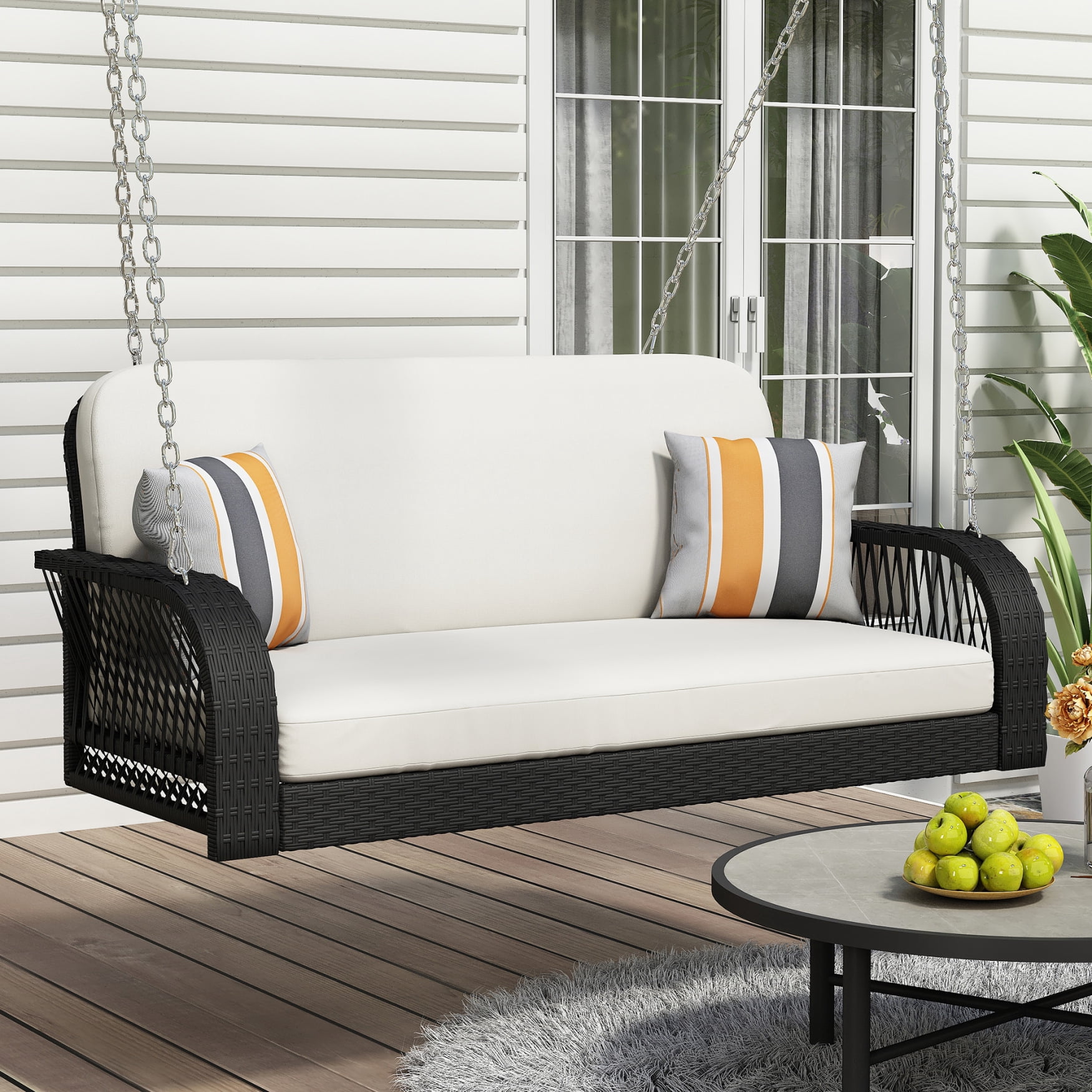 THOWDEE Wicker Hanging Bench Porch Swings with Chains and Movable ...