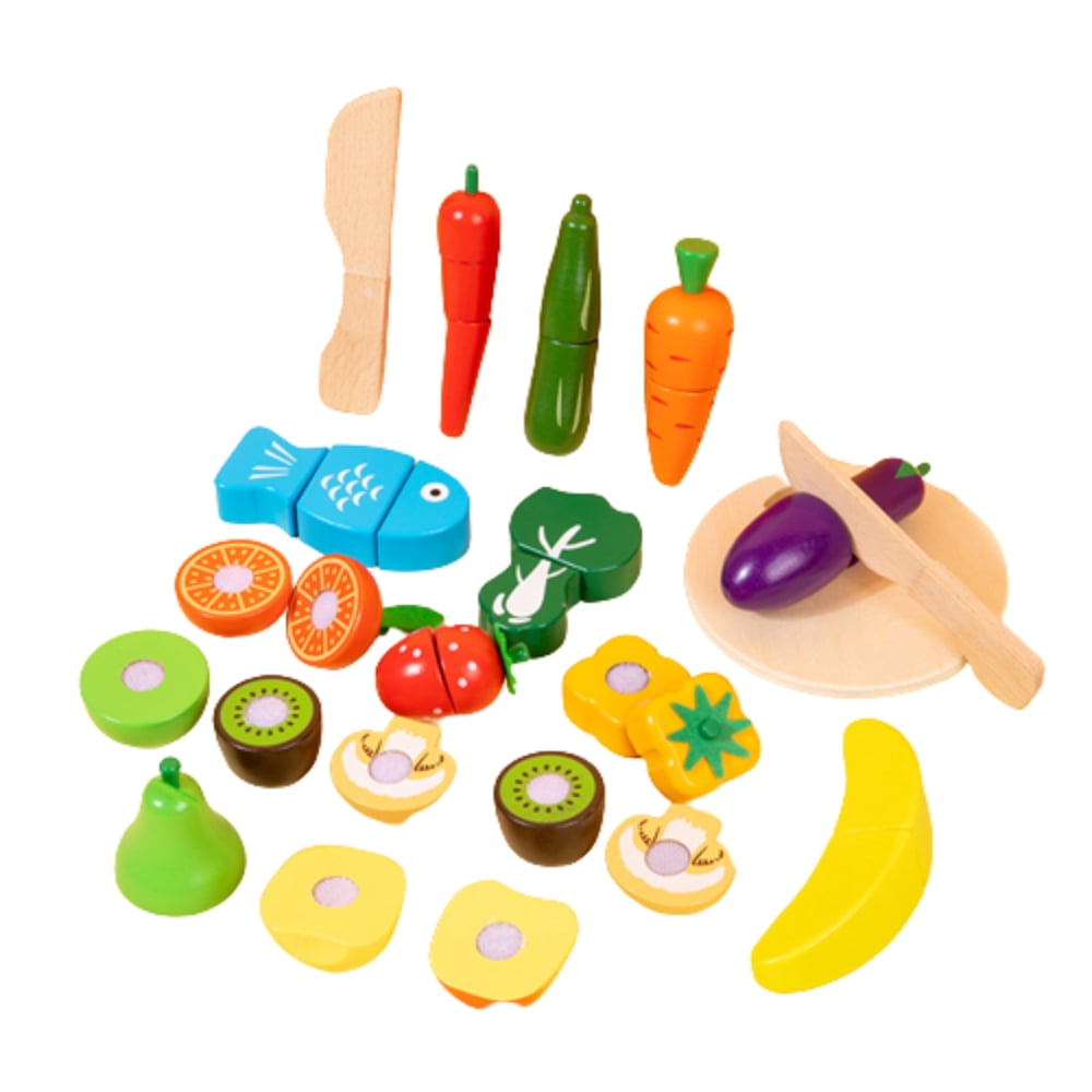 PEACNNG 17 PCS Wooden Play Food Toy Kids Wooden Cutting Fruits ...