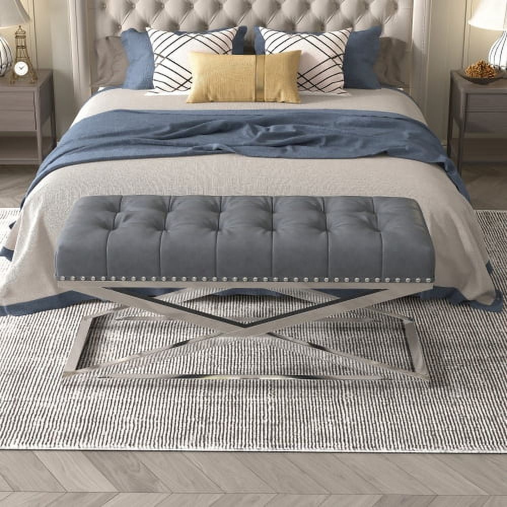 PEACNNG 44" Stainless Steel Base with Vintage Vegan Leather Bed Bench ...