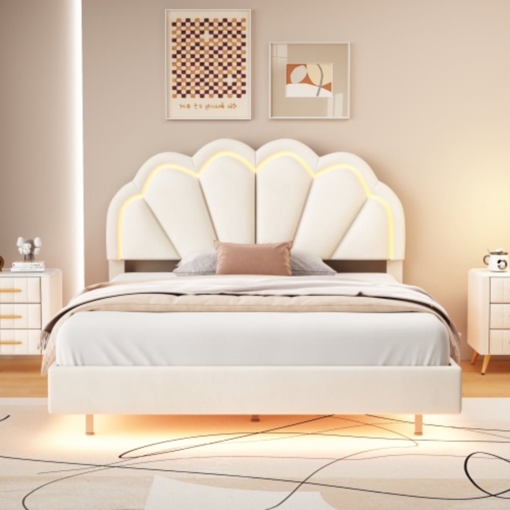 PEACNNG Full Upholstered Smart LED Bed Frame with Elegant Flowers ...