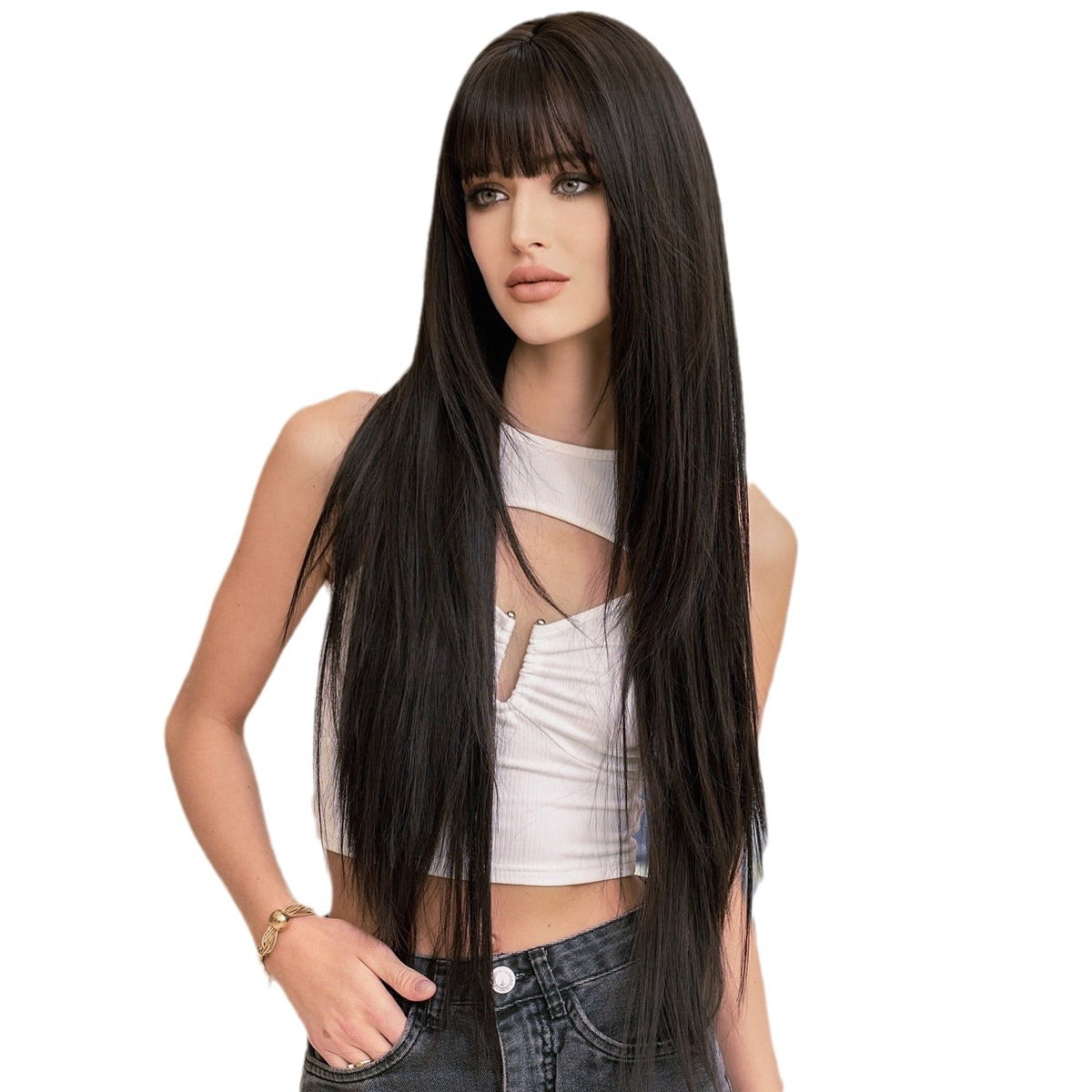 PEAKIN Fashion Extra Long Natural Black Straight Hair Wig for Women with Bangs 34 Inches High ...