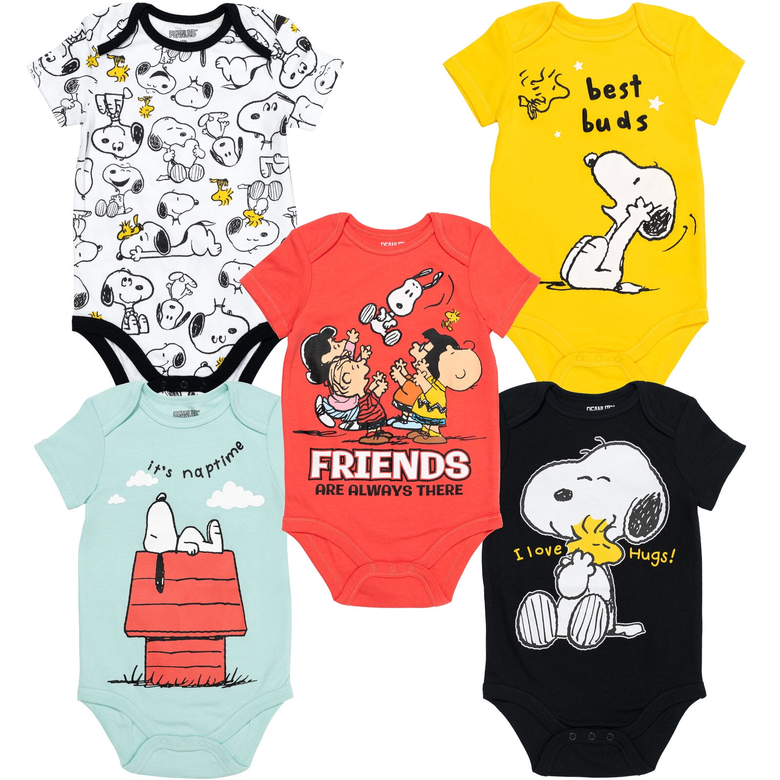 Peanuts Baby Bodysuits 5 Pack Newborn to Infant Charlie Brown Snoopy ...