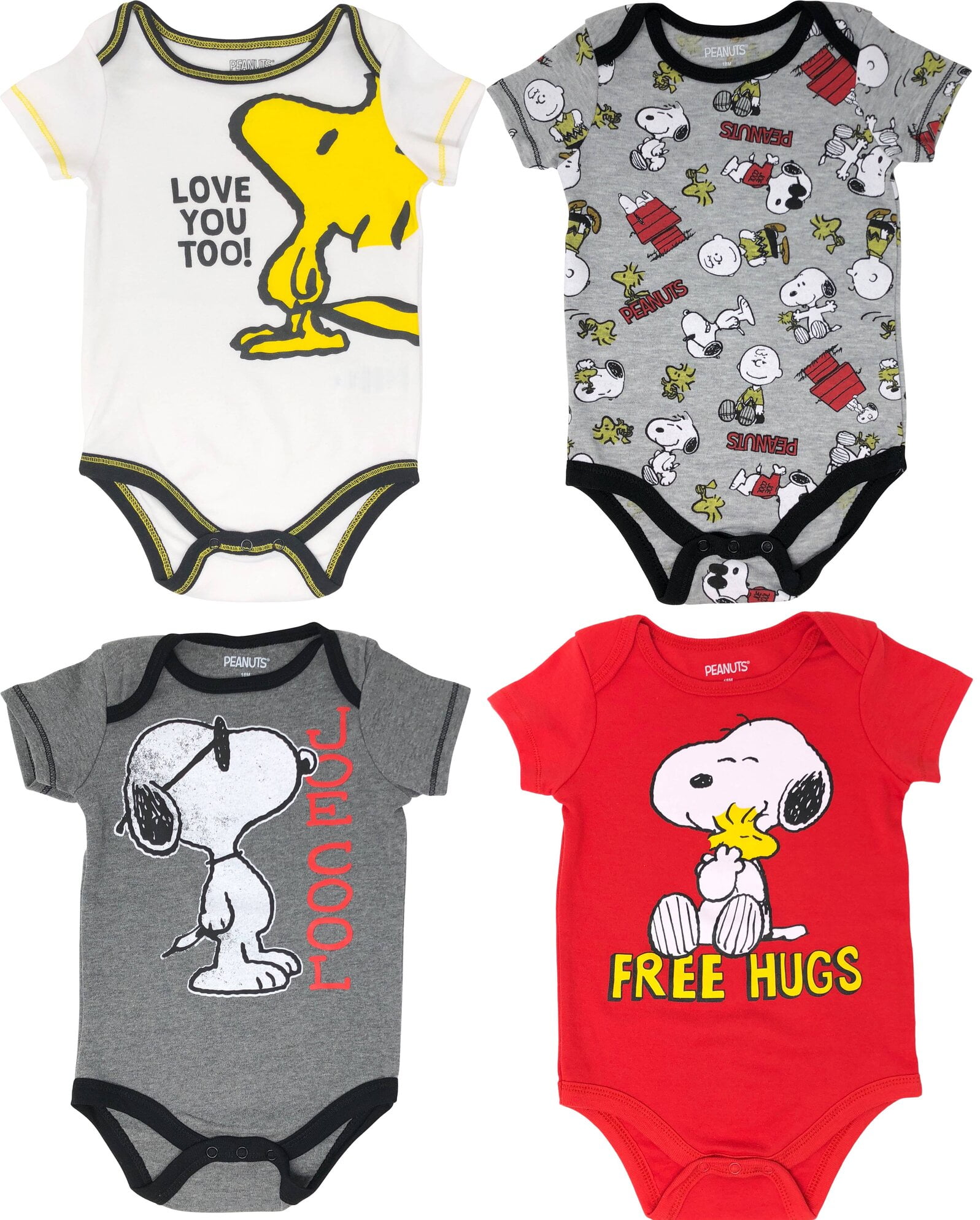 PEANUTS Woodstock Snoopy Newborn Baby Boys 4 Pack Bodysuits Newborn to ...
